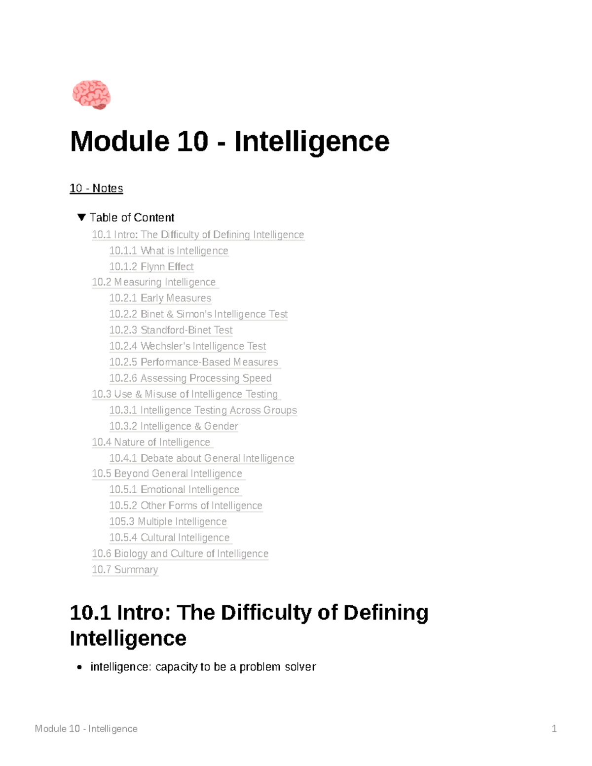 Module 10 - Intelligence - Module 10 - Intelligence 10 - Notes Table of ...