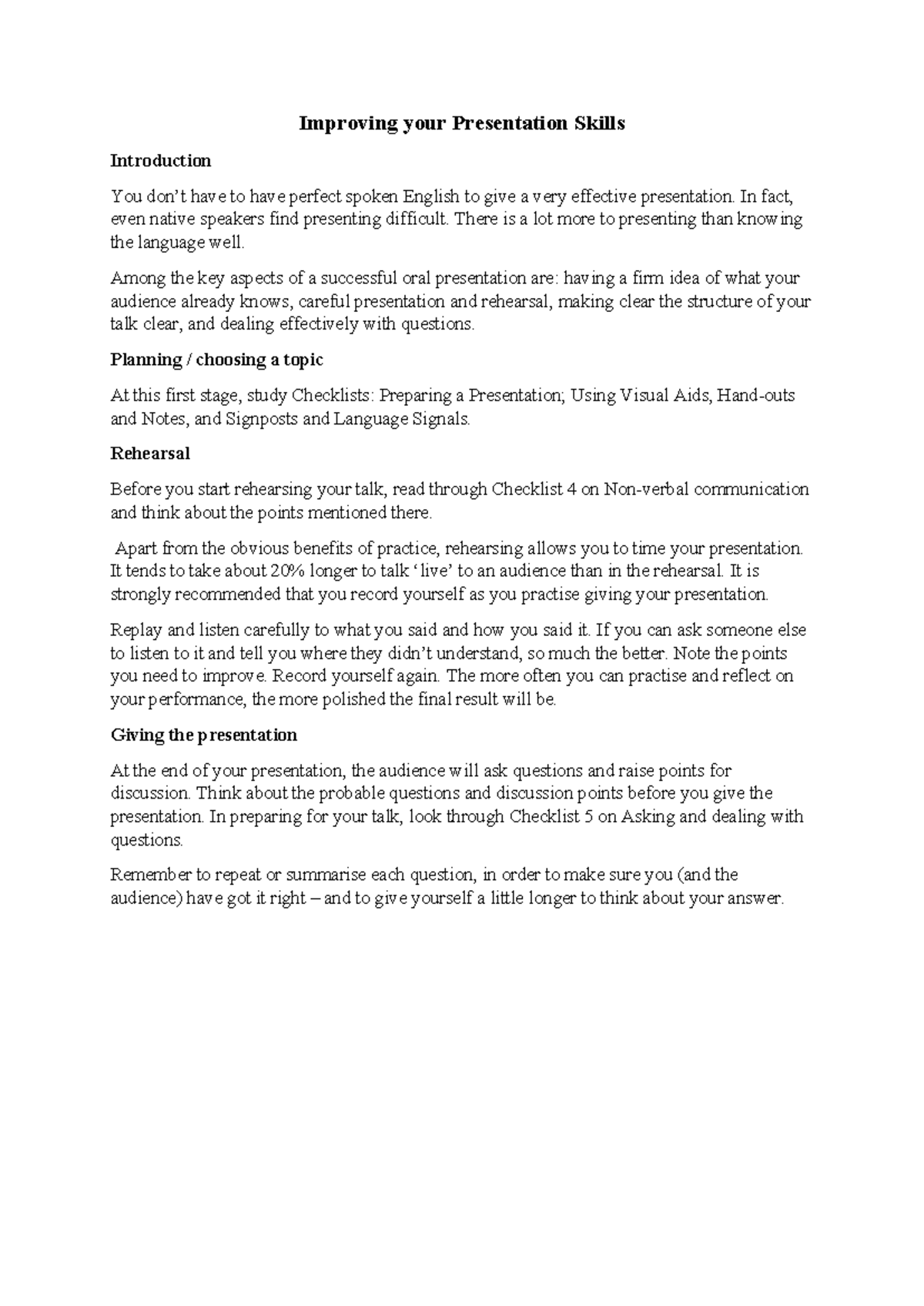 Improving your Presentation Skills - Improving your Presentation Skills ...