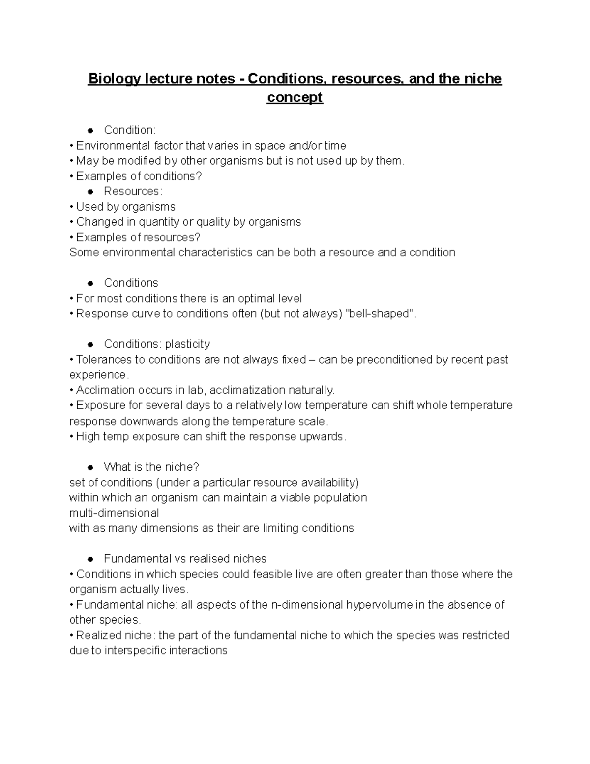 Biology lecture notes - Conditions, resources, and the niche concept ...