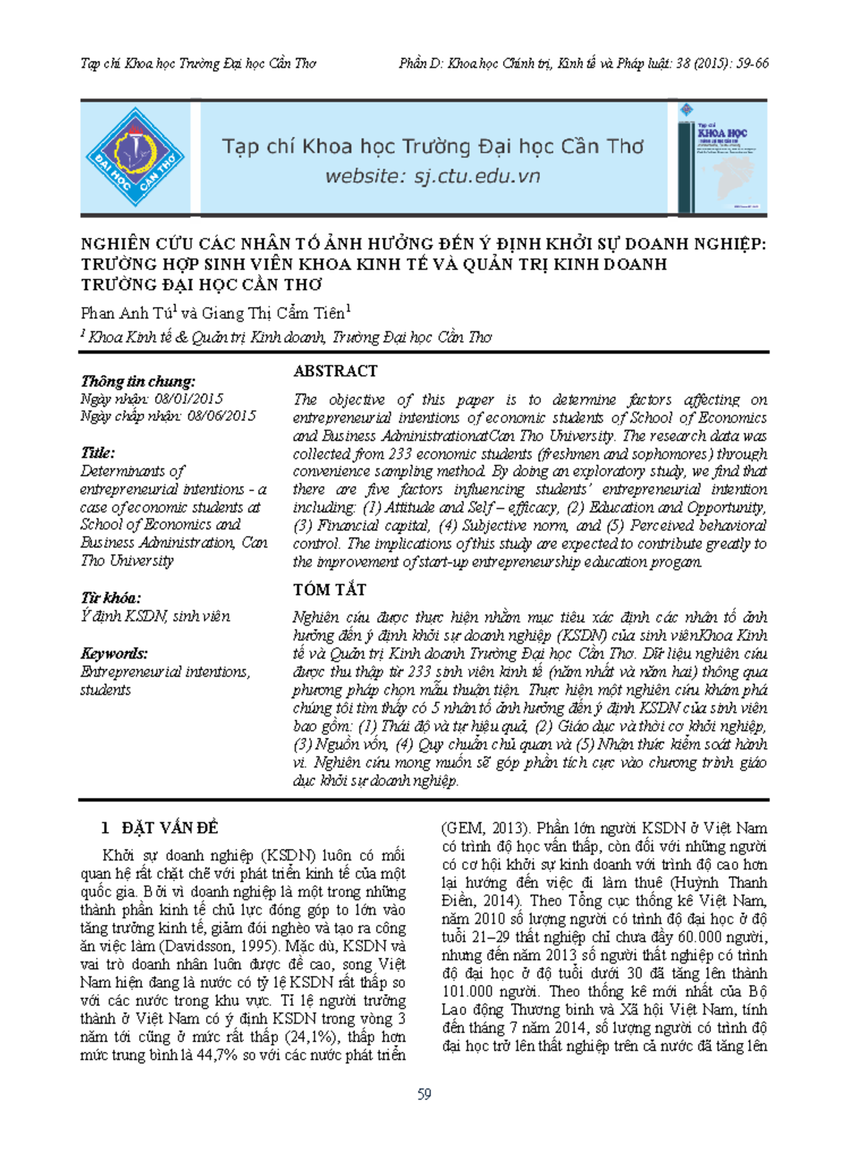 08-KT-PHAN ANH TU(59-66) - NGHIÊN CĀU CÁC NHÂN TÞ ÀNH H ̄ÞNG Đ¾N Ý ĐÞNH KHÞI SỰ DOANH NGHIàP: TR ...