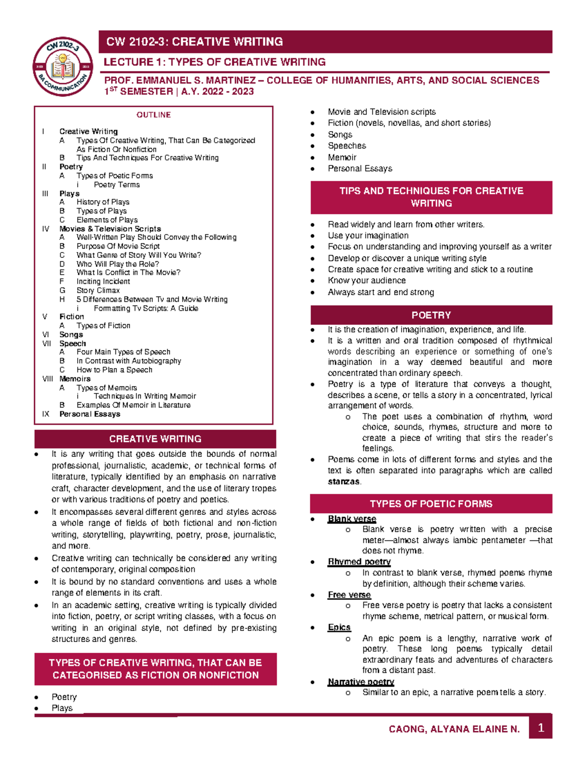 [BAC] CW 2102 - Topic 1 Types of Creative Writing - CW 2102-3: CREATIVE ...