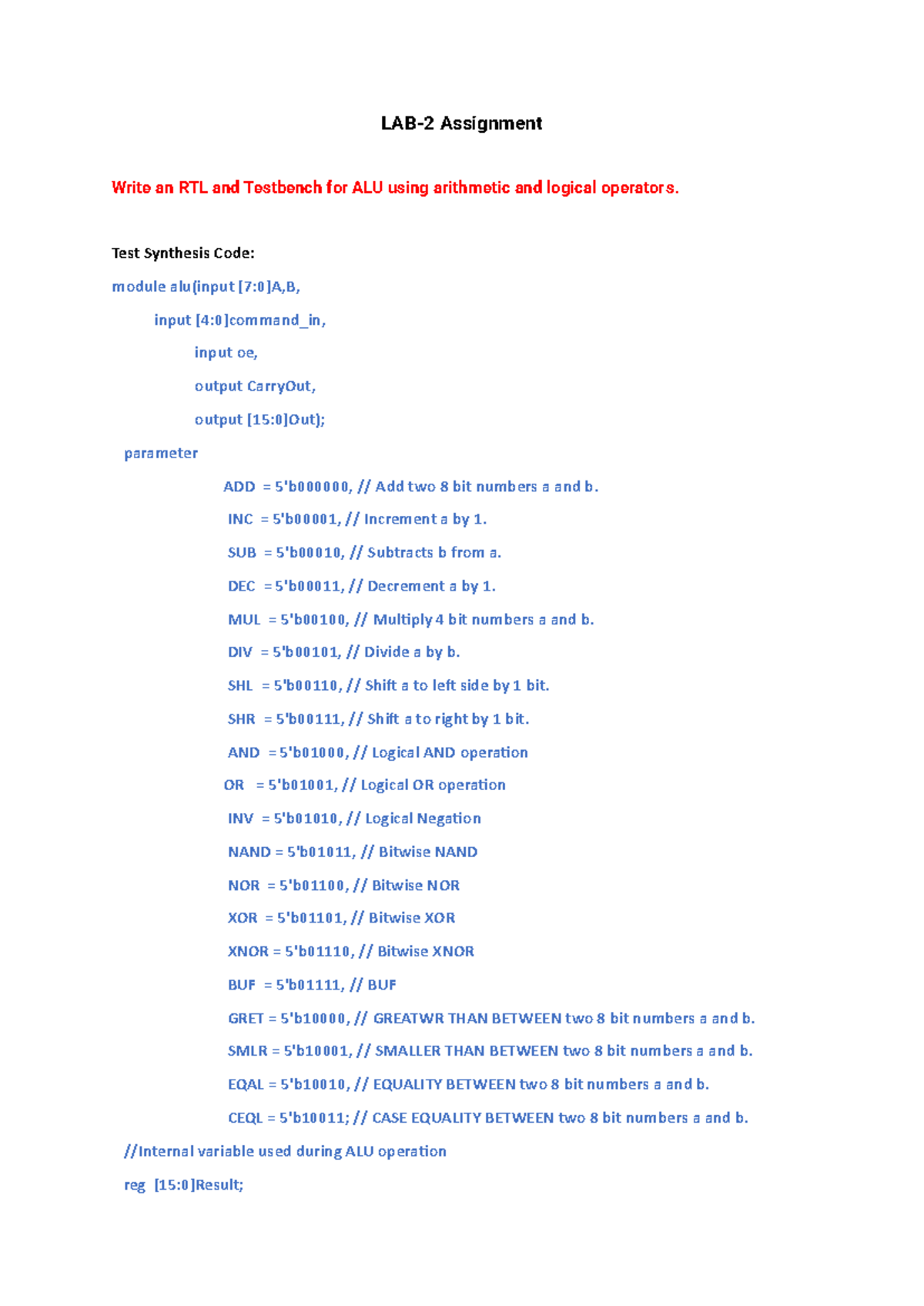 LAB 2 assignment doc - LAB-2 Assignment Write an RTL and Testbench for ...