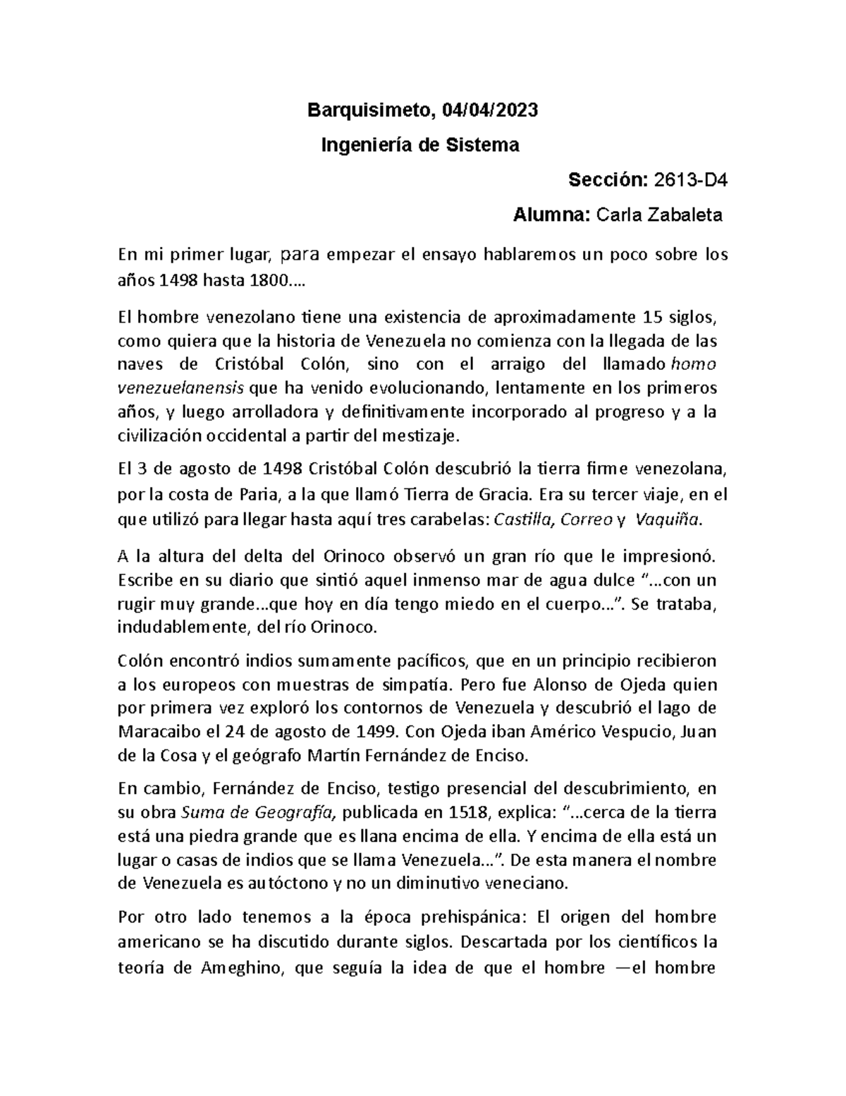 Ensayo - Carla Zabaleta - Barquisimeto, 04/04/ Ingeniería de Sistema ...