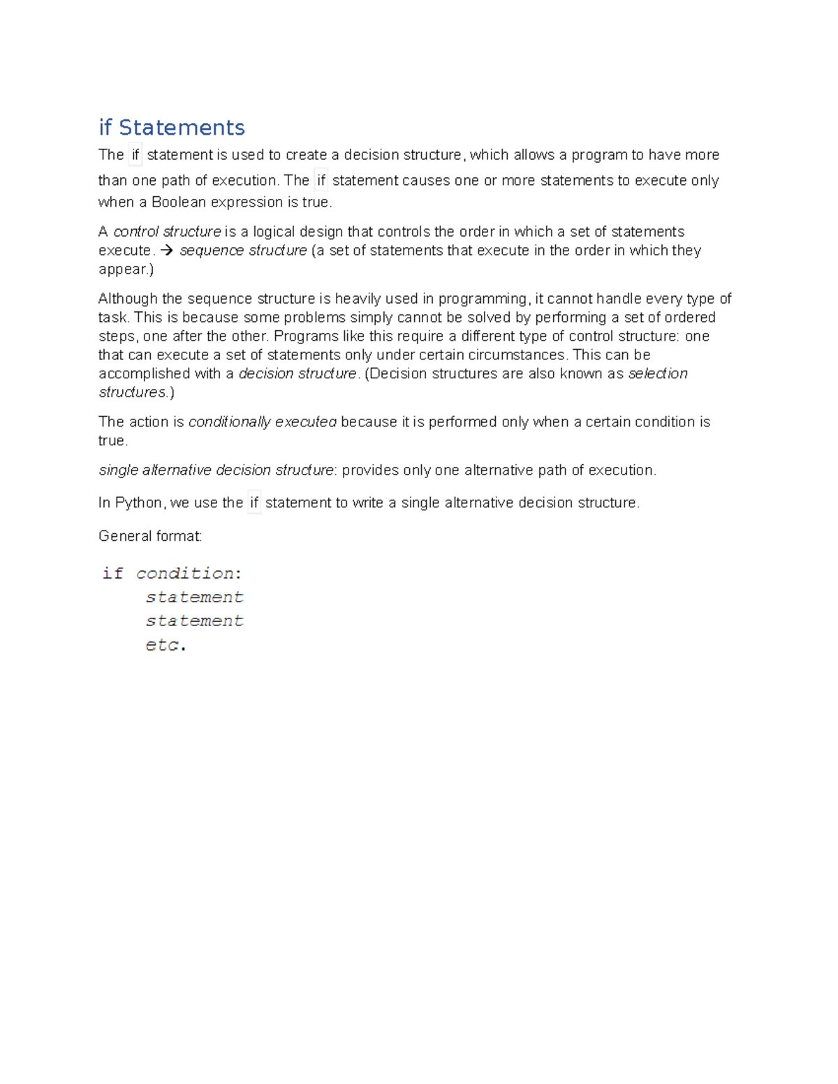 Cisc 101 Notes 2020 If Statements The If Statement Is Used To Create A Decision Structure