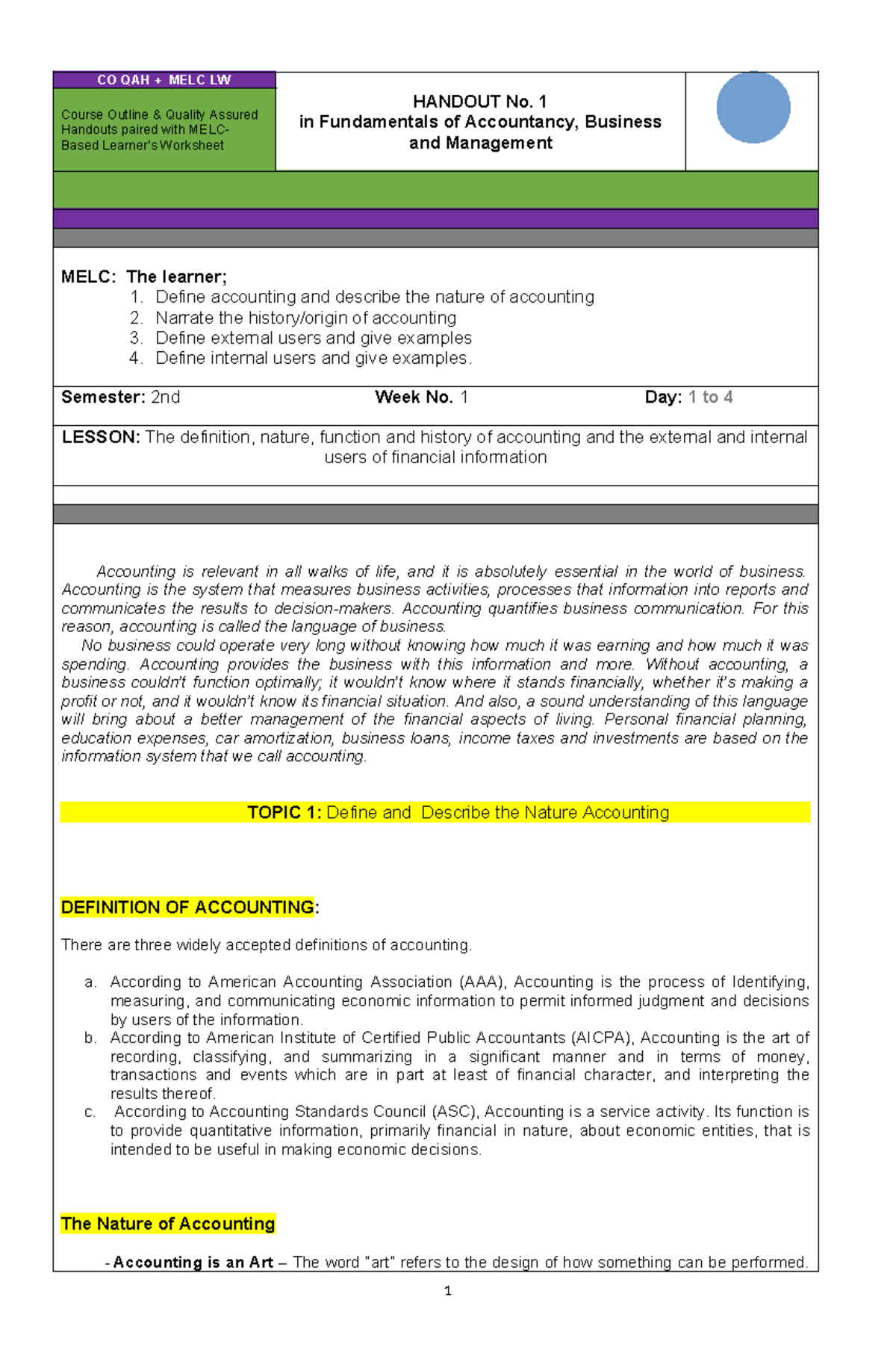 FABM1 Handout- week 1 - alkjhdalks - CO QAH + MELC LW HANDOUT No. 1 in ...