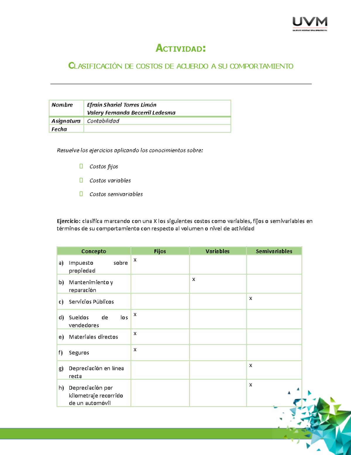 Matriz de clasificación (b) - ACTIVIDAD: CLASIFICACIÓN DE COSTOS DE ...