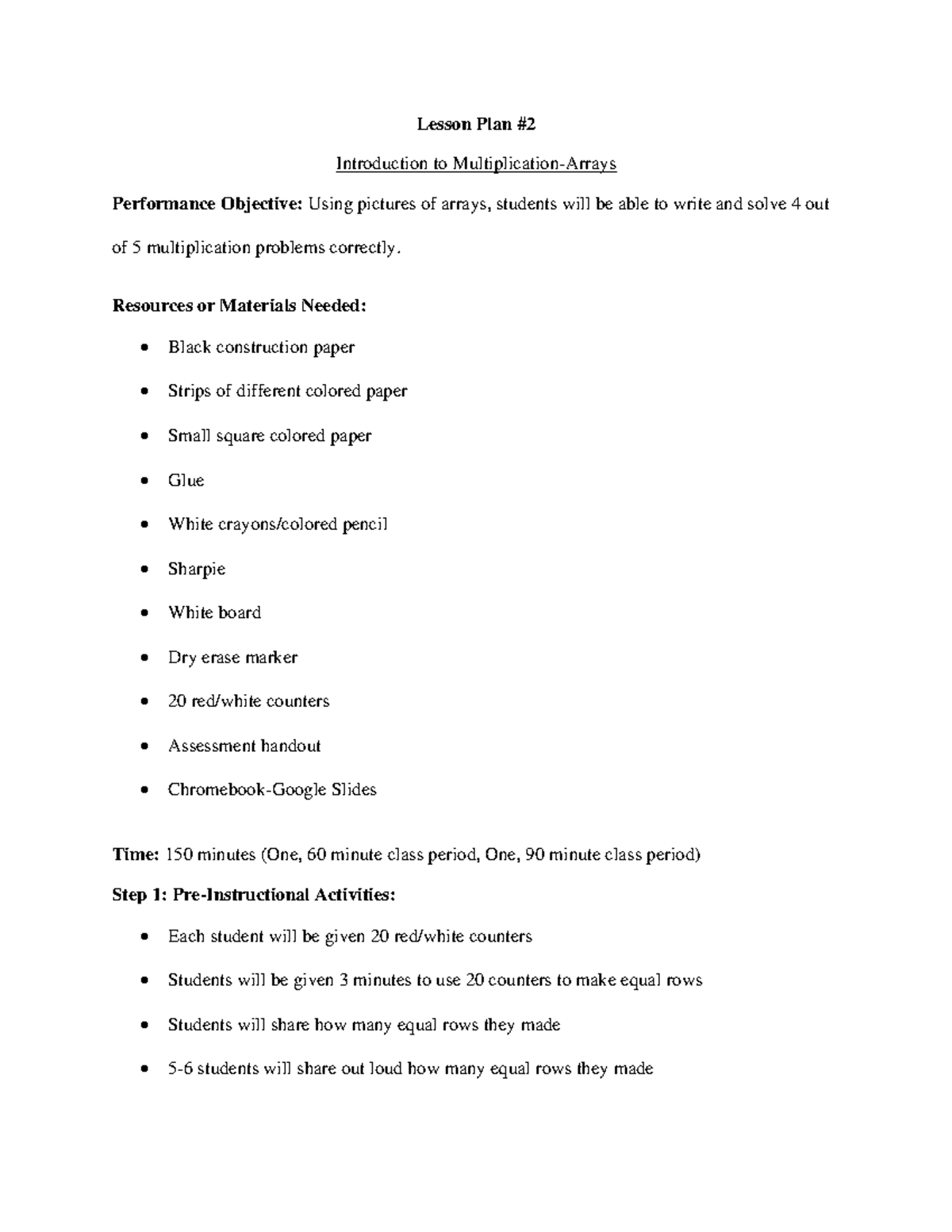 Lesson Plan 2 Into to Multiplication Arrays - Lesson Plan ...