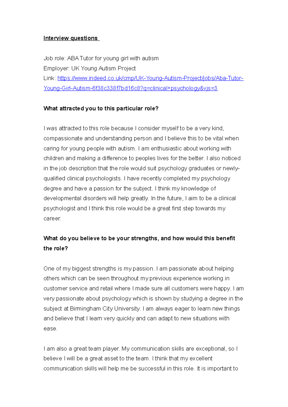 Interview questions - Grade: 1at - Interview questions Job role: ABA ...