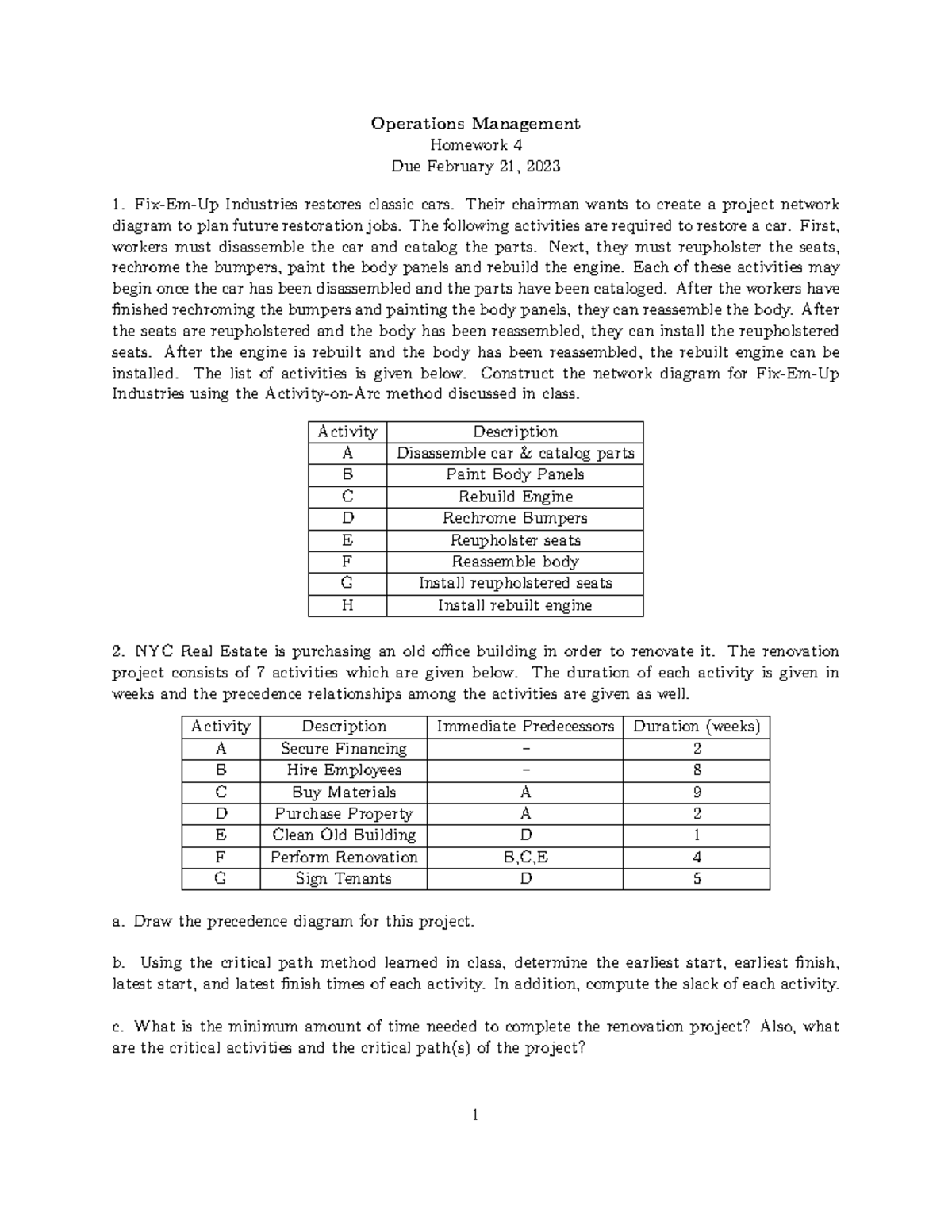 HW4 - Hw4 - Operations Management Homework 4 Due February 21, 2023 Fix ...