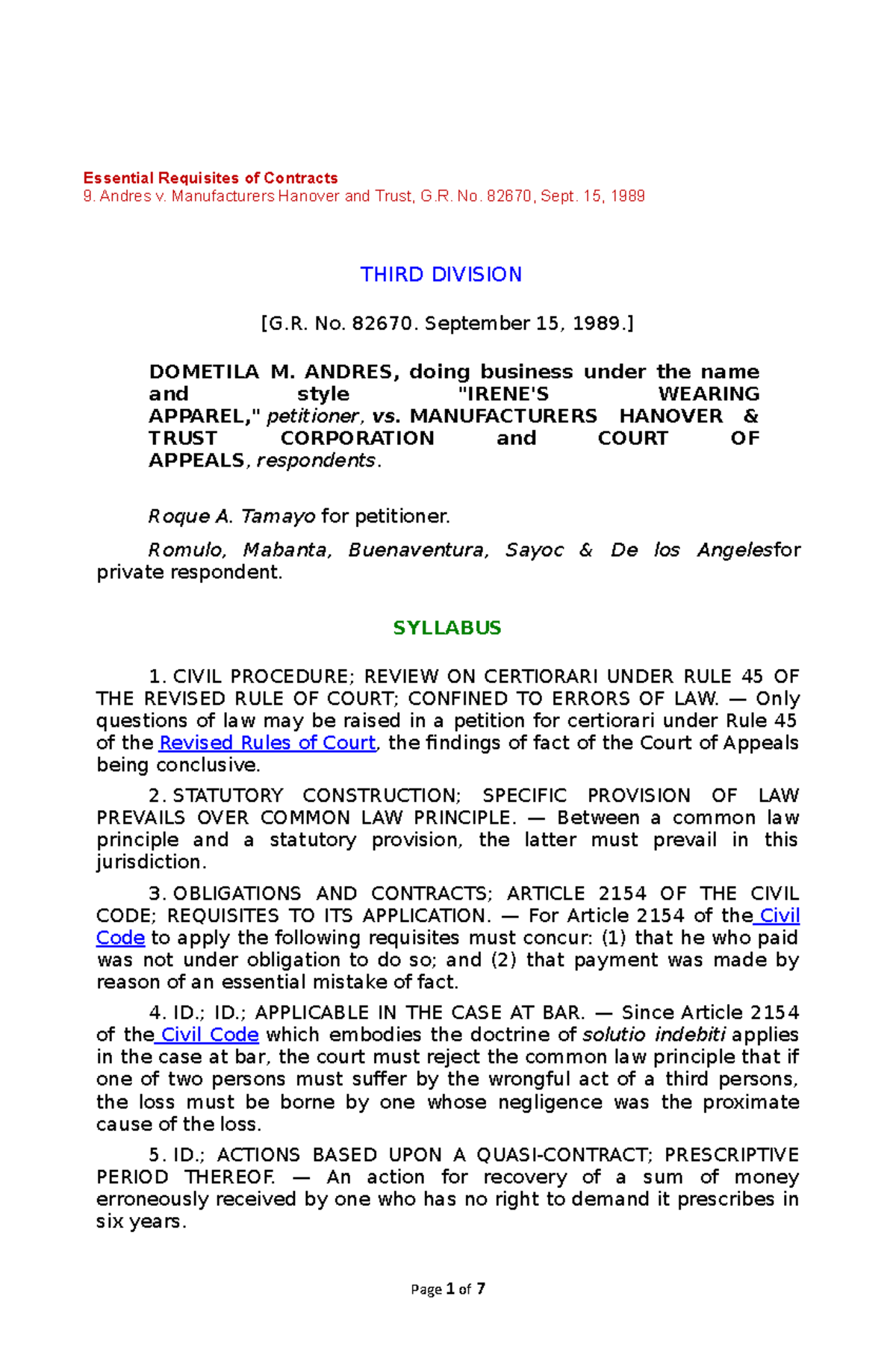 9. Andres v. Manufacturers Hanover and Trust, G.R. No. 82670, Sept. 15 ...