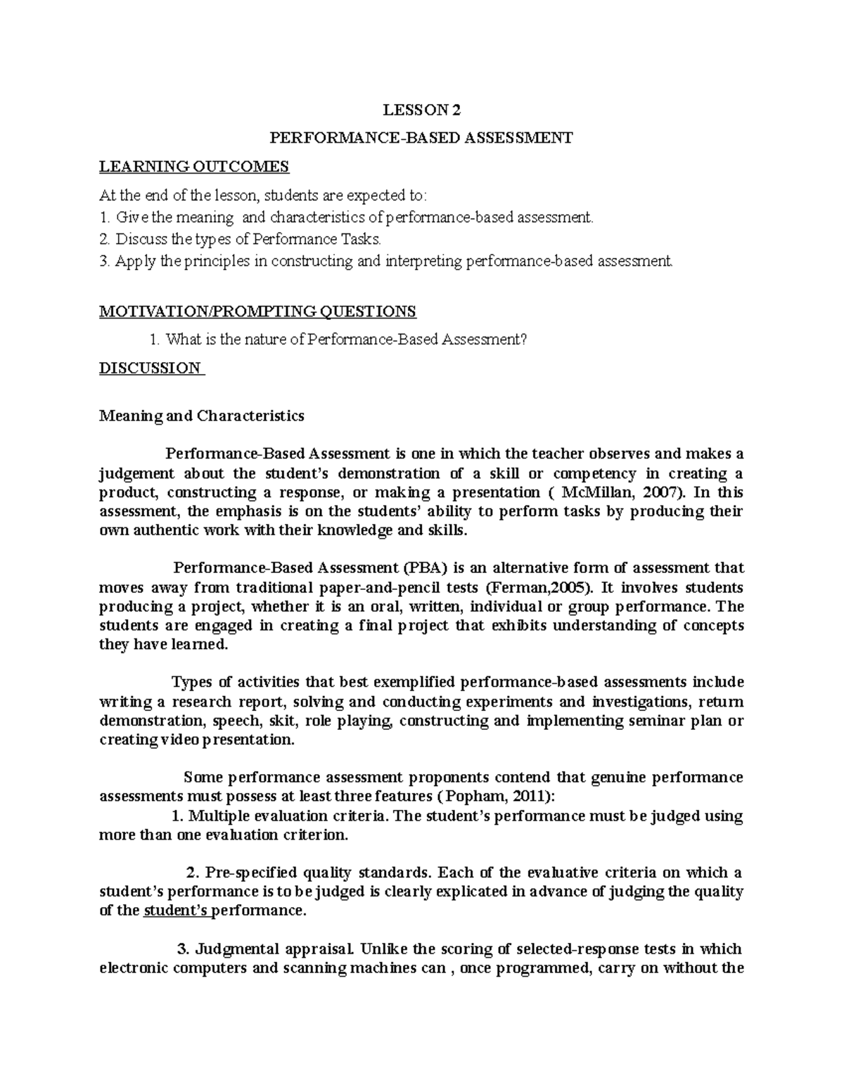 BSED Assess 2 Lesson NO. 2 - LESSON 2 PERFORMANCE-BASED ASSESSMENT ...