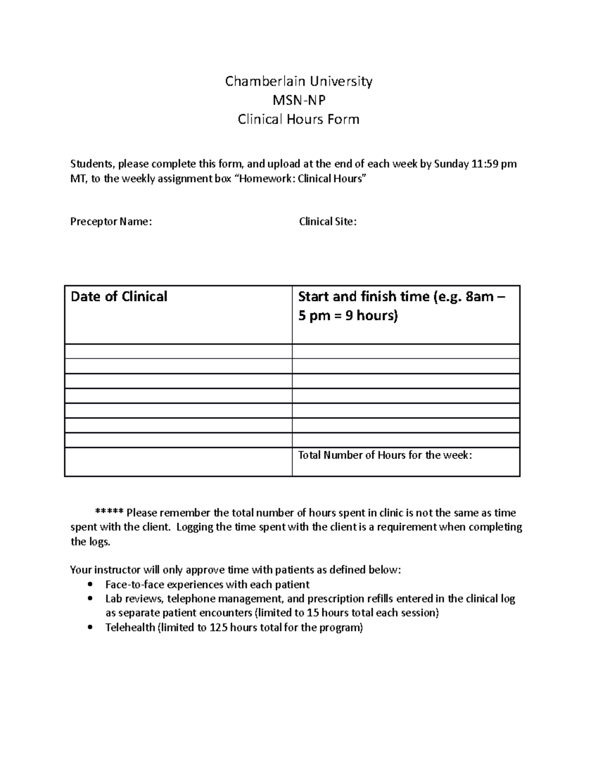 MSN-NP Form for student to submit clinical hours - Chamberlain ...