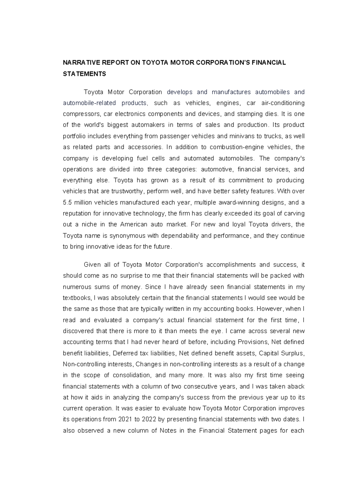 Narrative Report ON Toyota Motor Corporation - NARRATIVE REPORT ON ...