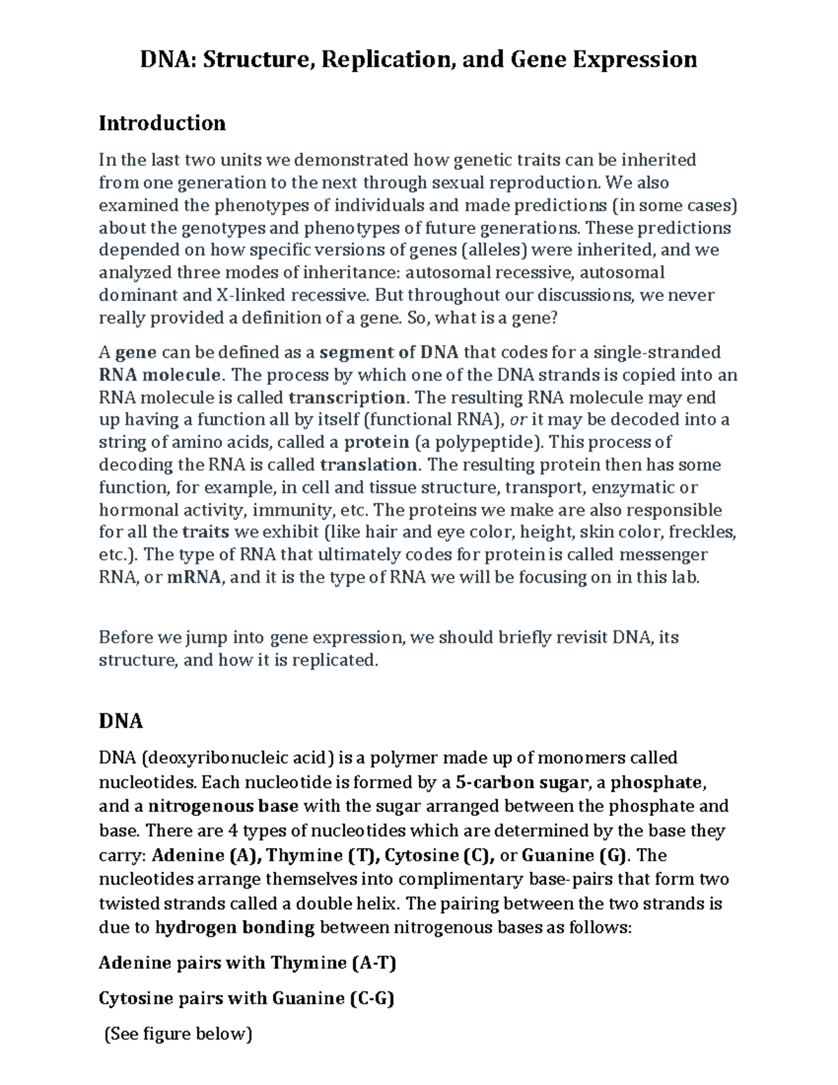 Reading on DNA, RNA and Protein - DNA: Structure, Replication, and Gene ...