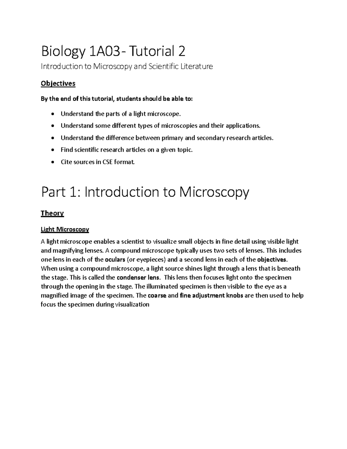 Tutorial 2 manual W2023 - Biology 1A03- Tutorial 2 Introduction to ...