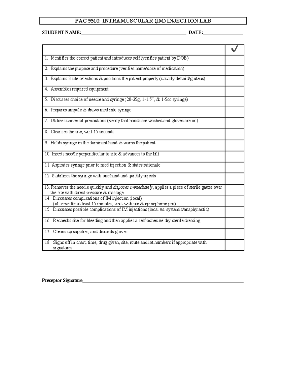 Injections sign off checksheets - PAC 5510: INTRAMUSCULAR (IM ...