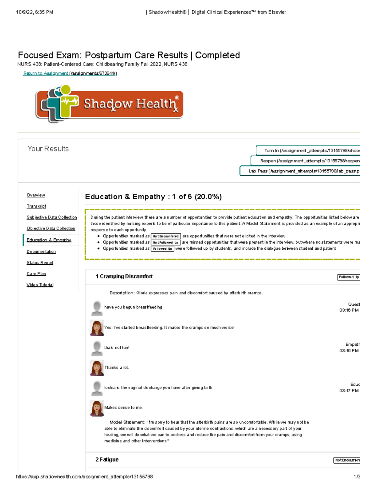 Shadow Health Postpartum Care Education and Empathy - 10/9/22, 6:35 PM ...