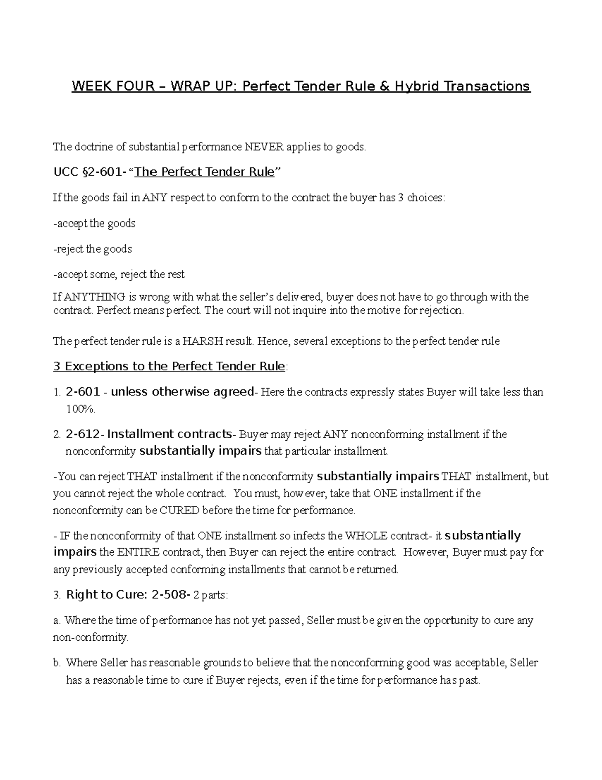 Week 4 Wrap Up - contracts 2 - WEEK FOUR – WRAP UP: Perfect Tender Rule & Hybrid Transactions ...