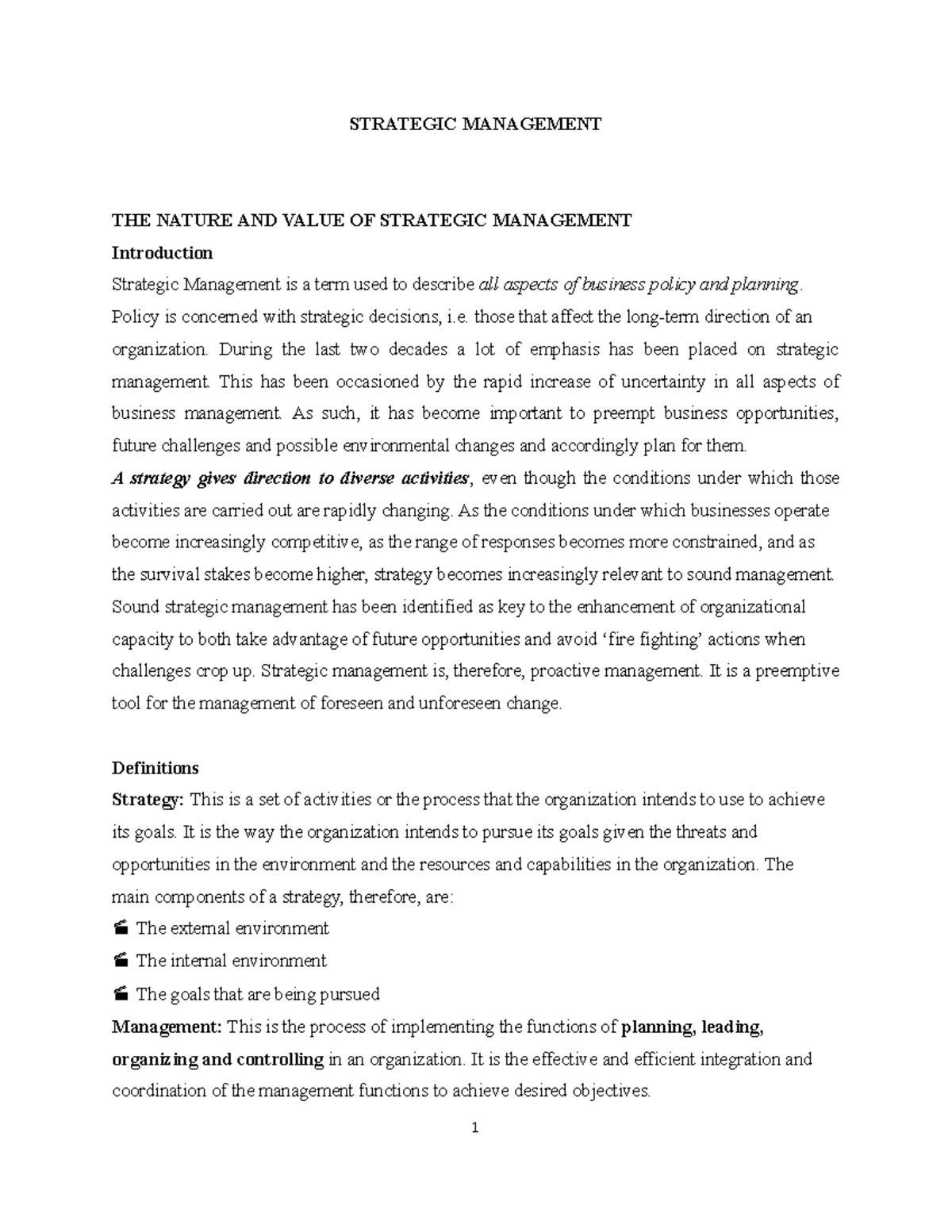 Notes Strategic Management - STRATEGIC MANAGEMENT THE NATURE AND VALUE ...