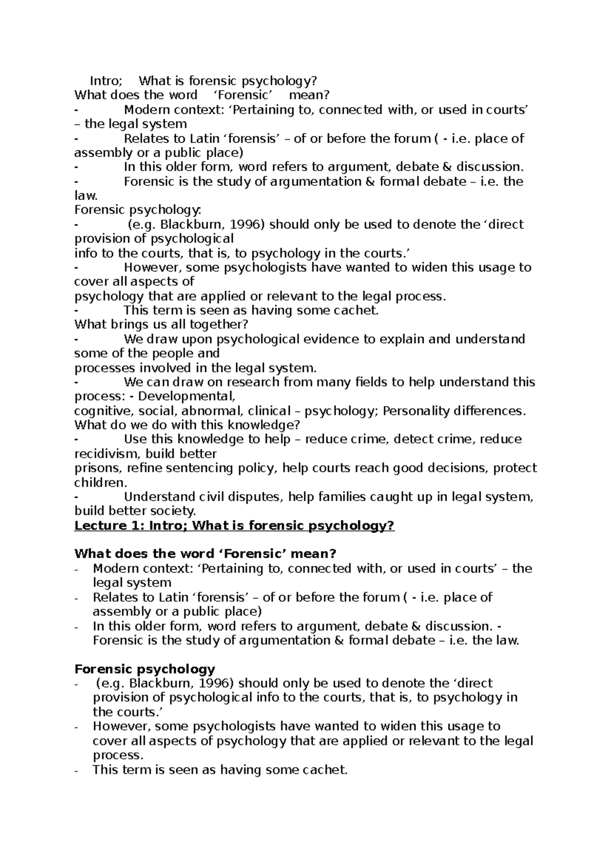 Psychology and law lecture notes - Intro; What is forensic psychology ...