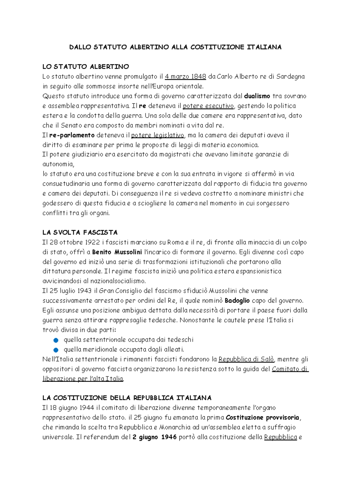 la costituzione italiana - DALLO STATUTO ALBERTINO ALLA COSTITUZIONE ...