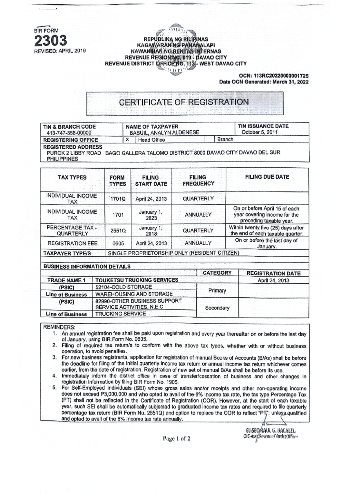 Touketsu Trucking Services (COR) - BIR FORM 2303 REPUBLIKA NG PILIPINAS KAGAWARAN NG PANANALAPI ...