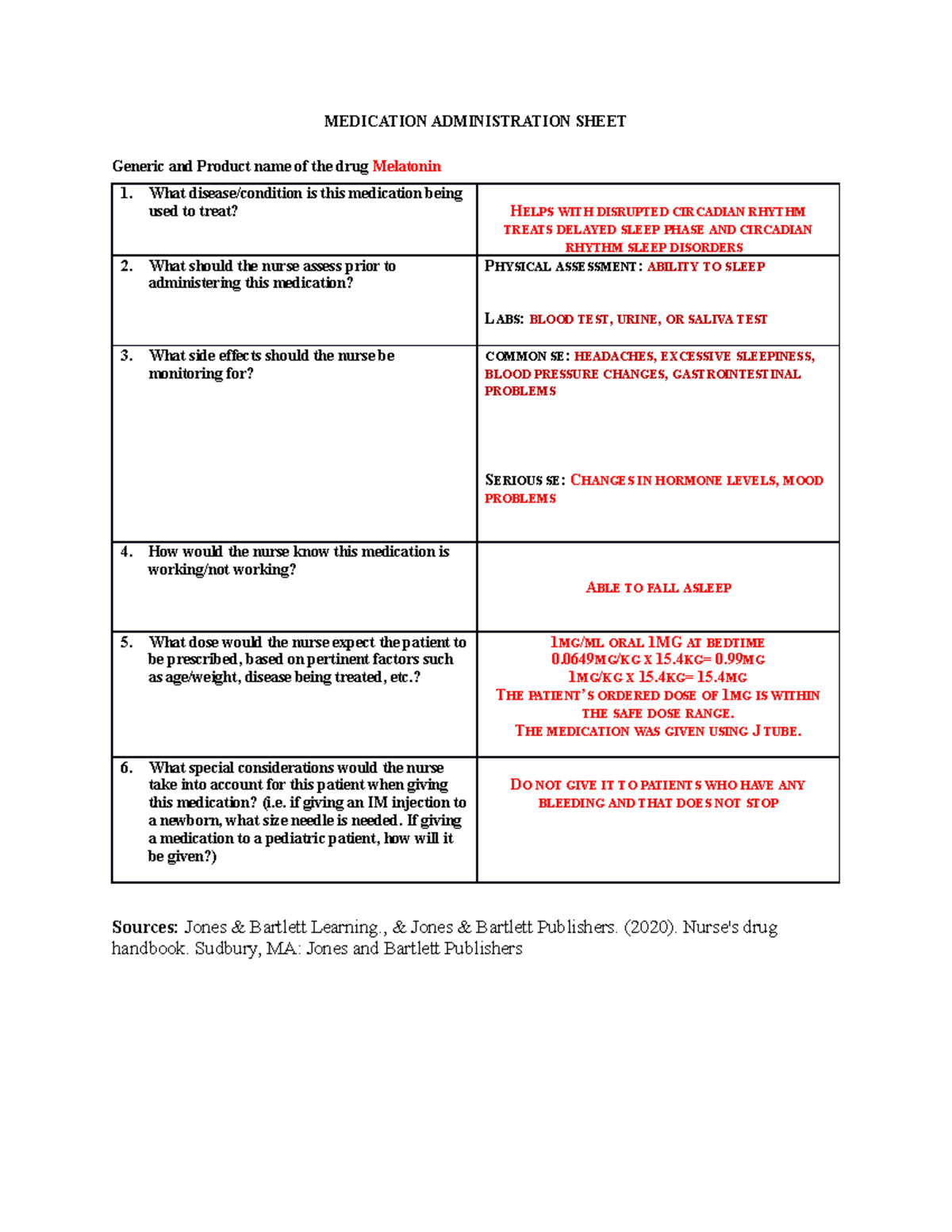 Melatonin - n/a - MEDICATION ADMINISTRATION SHEET Generic and Product ...