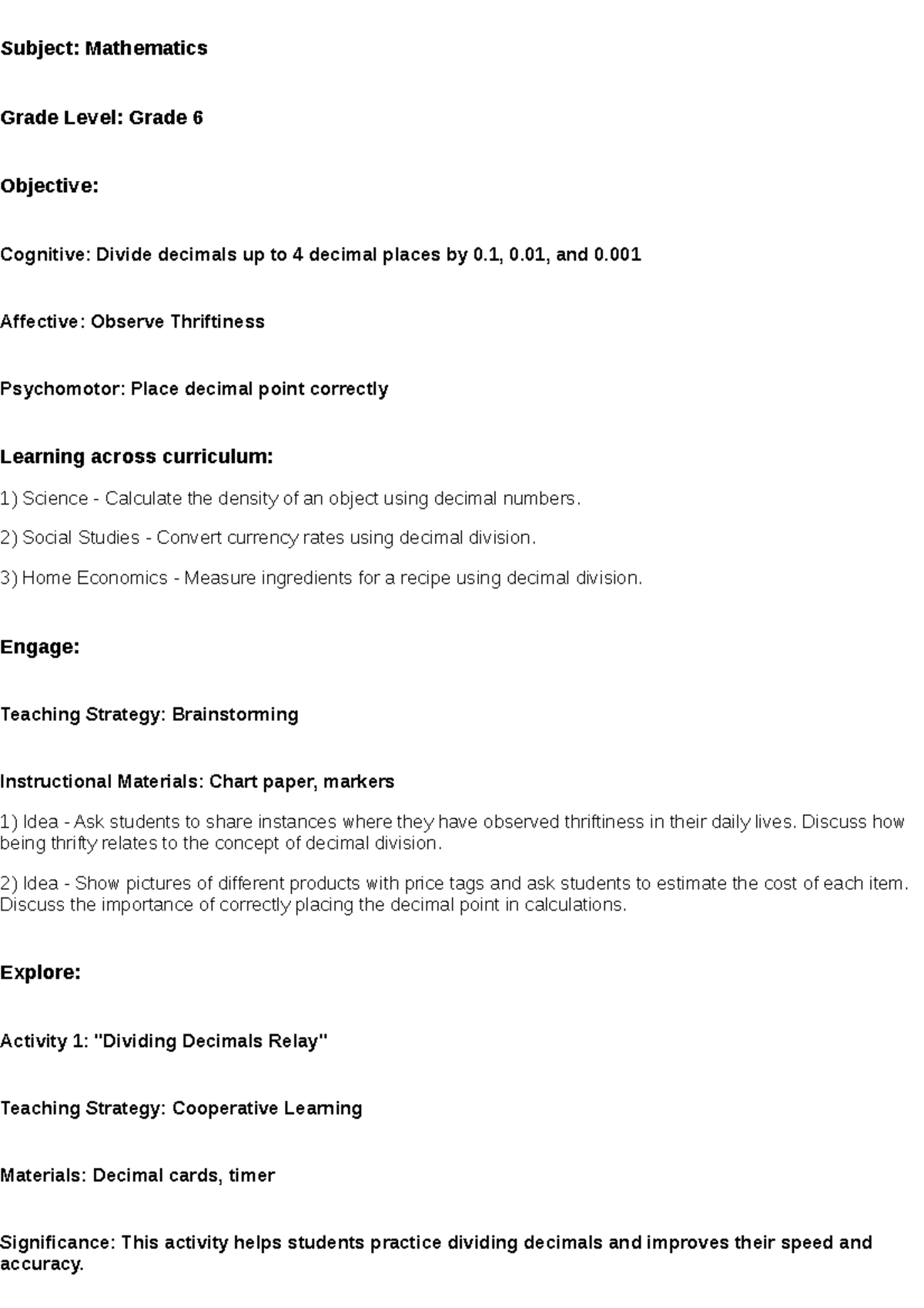 Lesson plan - Subject: Mathematics Grade Level: Grade 6 Objective ...