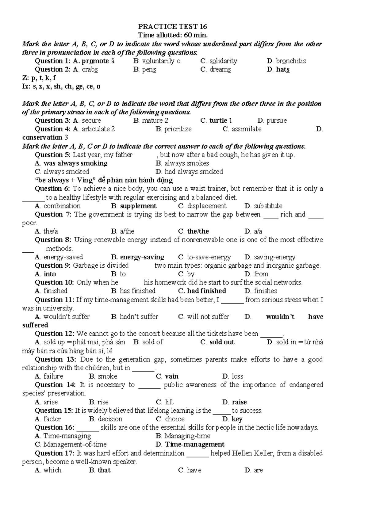 Practice TEST 16 online - PRACTICE TEST 16 Time allotted: 60 min. Mark ...