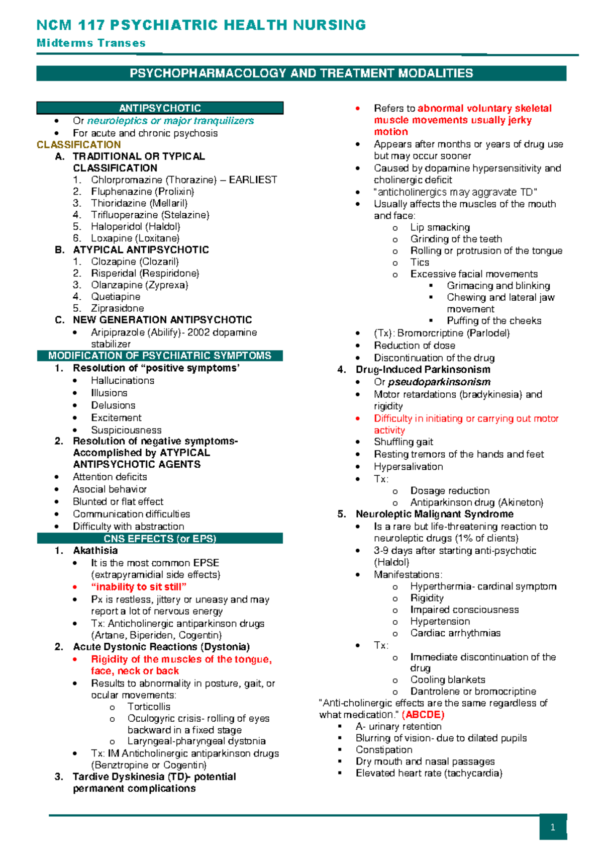 Ncm-117-midterms - Midterms Transes PSYCHOPHARMACOLOGY AND TREATMENT ...