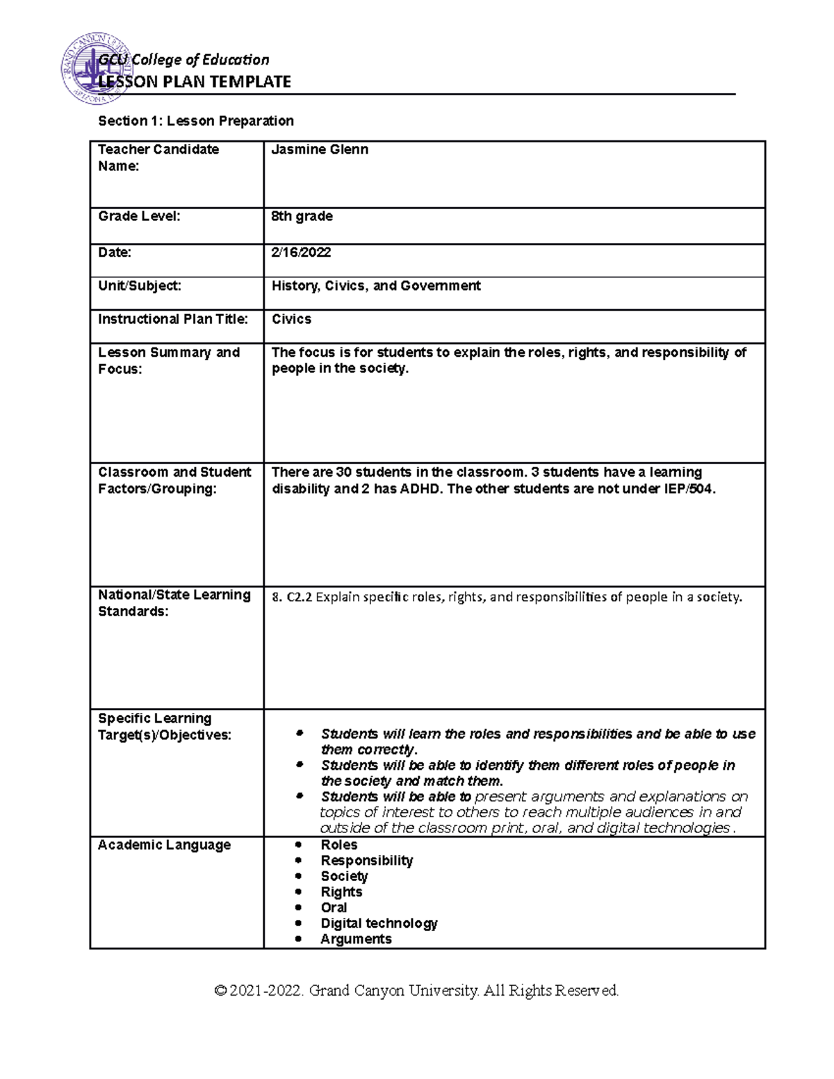 Civics-Government Lesson Plan - LESSON PLAN TEMPLATE Section 1: Lesson ...