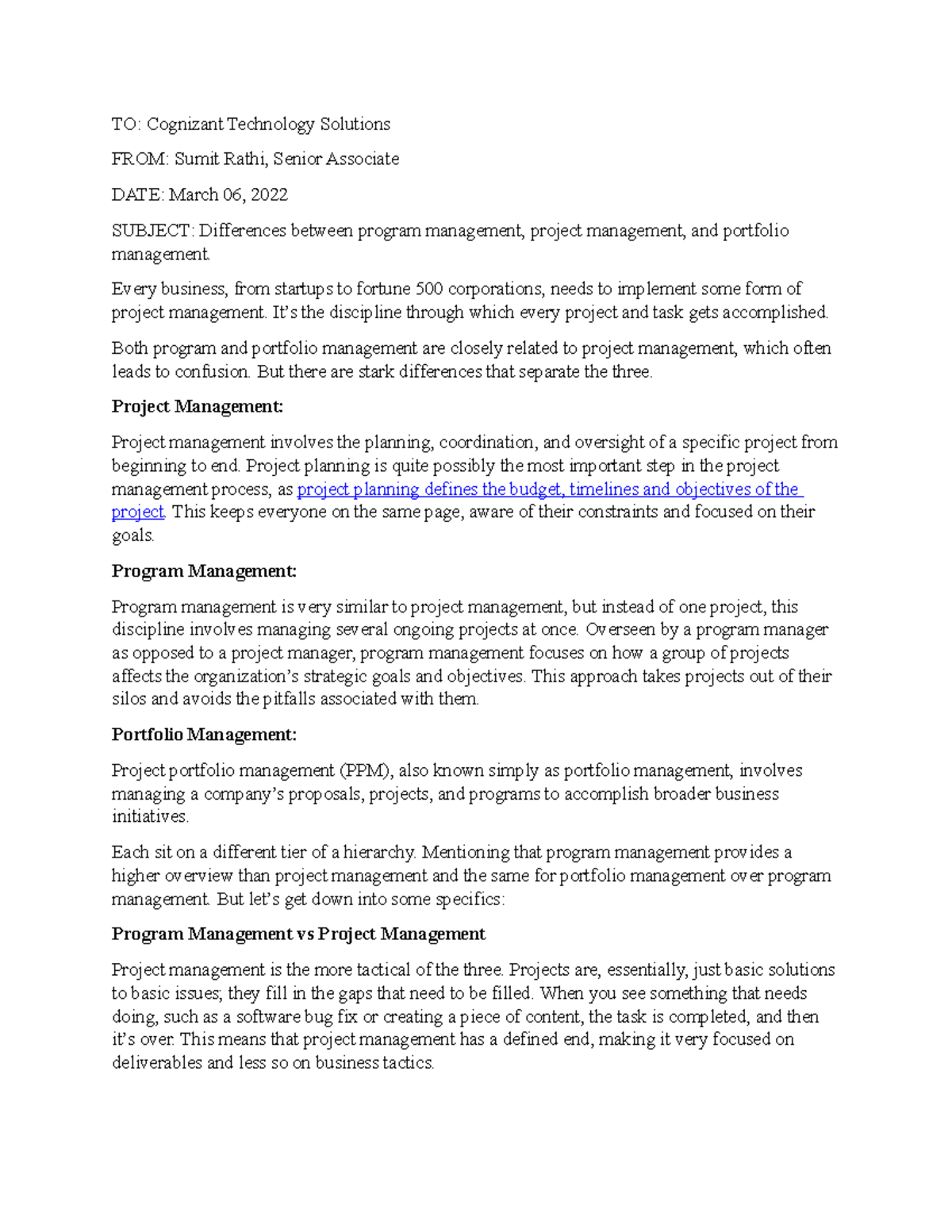 Week 1 Memo Assignment - Sumit Rathi - TO: Cognizant Technology Solutions FROM: Sumit Rathi ...