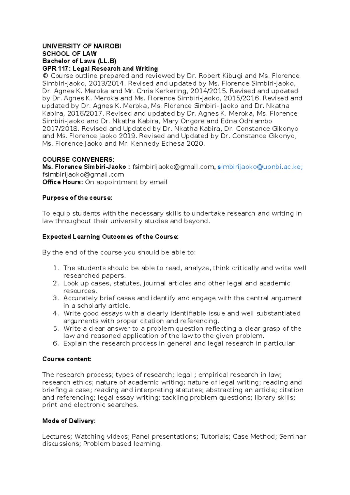 Legal Research and Writing Course Outline 2024 - UNIVERSITY OF NAIROBI ...