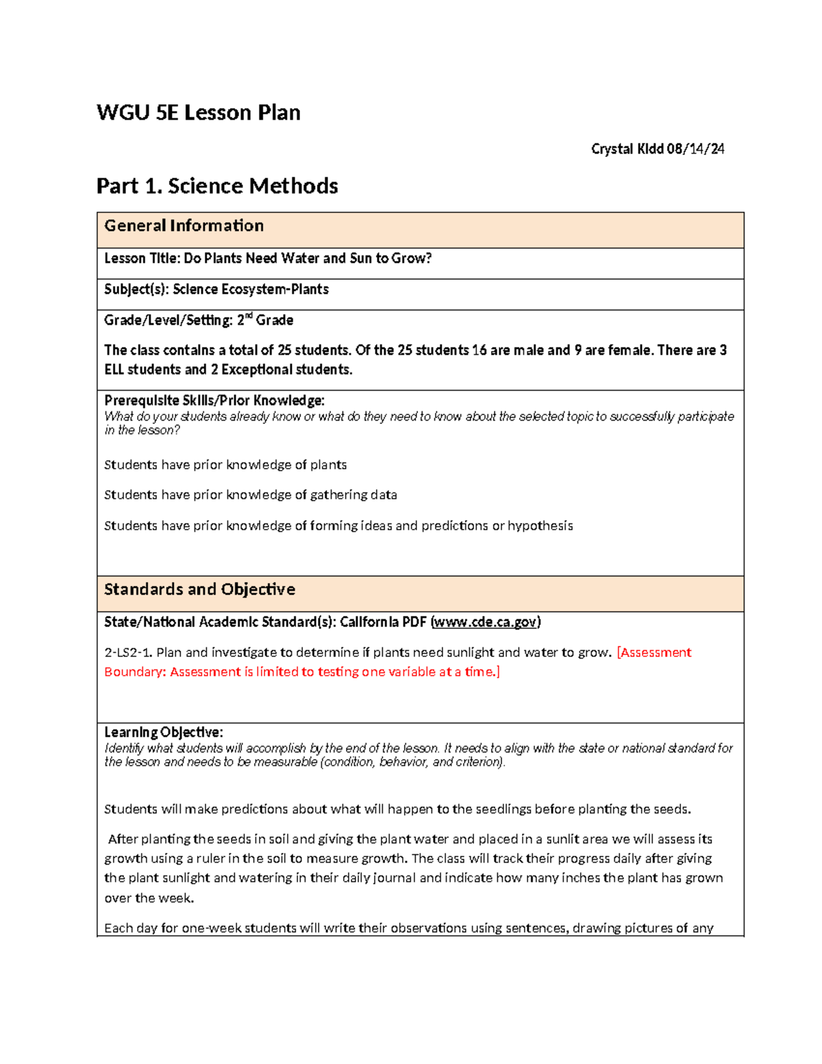 Science Methods - WGU 5E Lesson Plan Crystal Kidd 08/14/ Part 1 ...