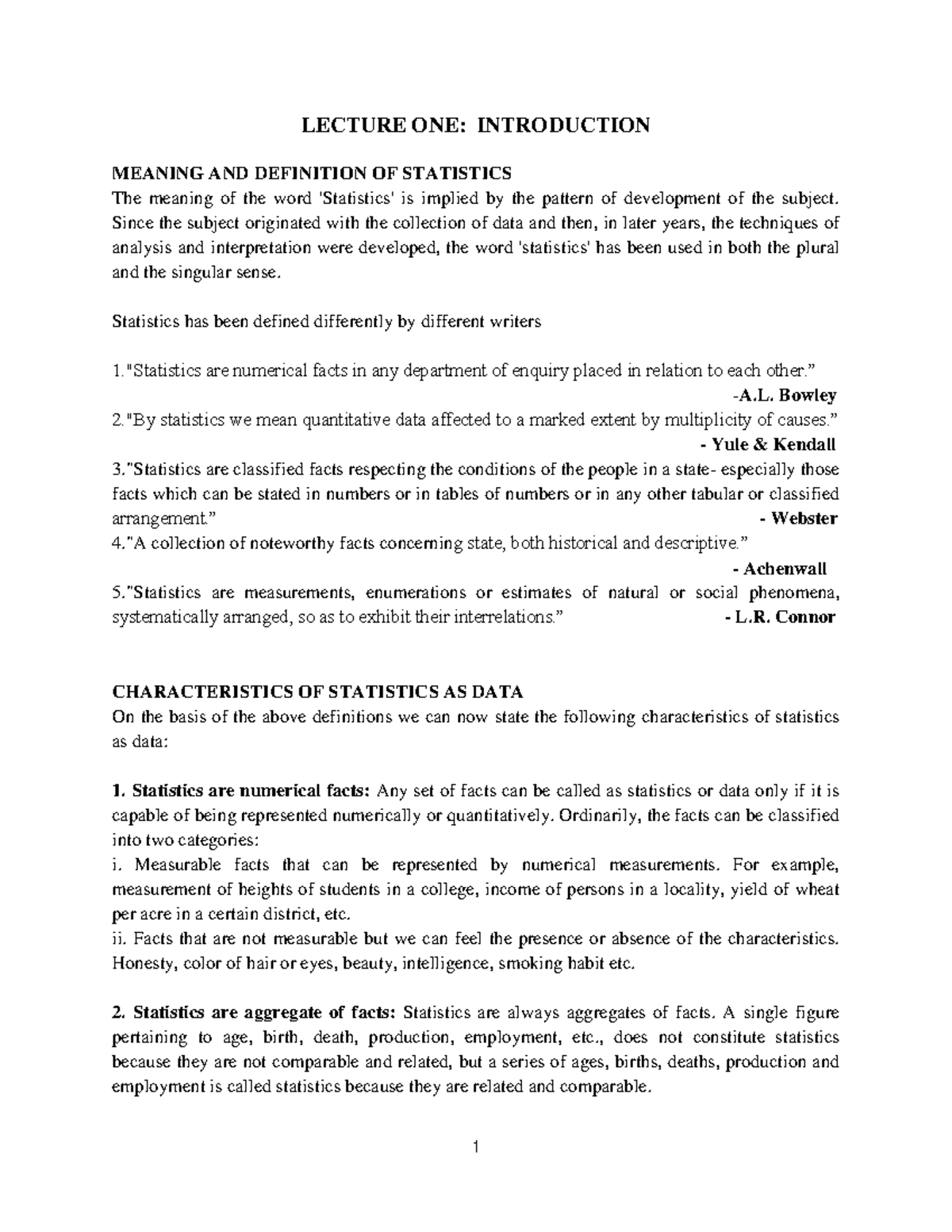 1. Intro to Statistics - Dr Githi - LECTURE ONE: INTRODUCTION MEANING ...