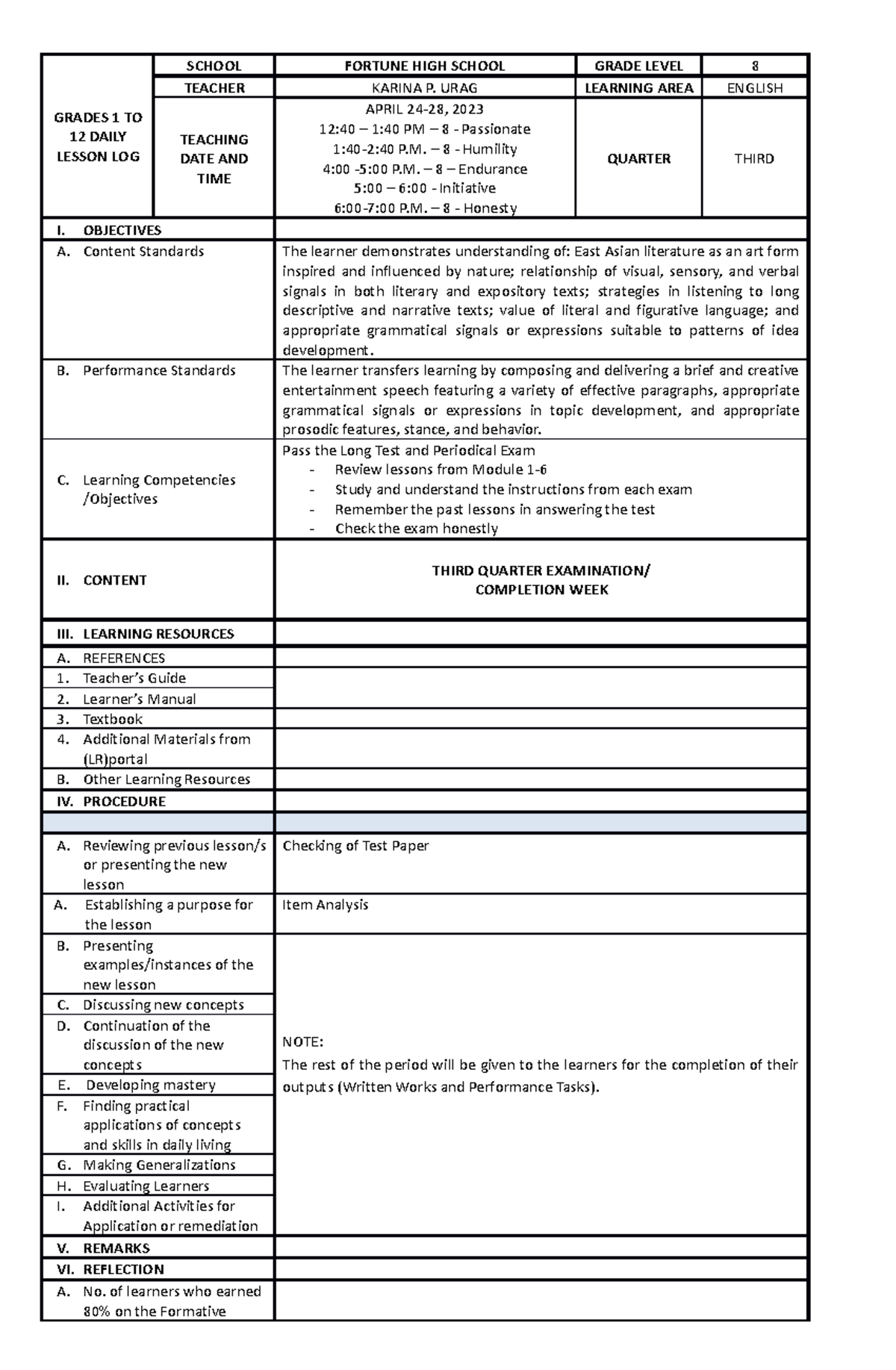 DLL-URAG-exam - this is a dll - GRADES 1 TO 12 DAILY LESSON LOG SCHOOL ...