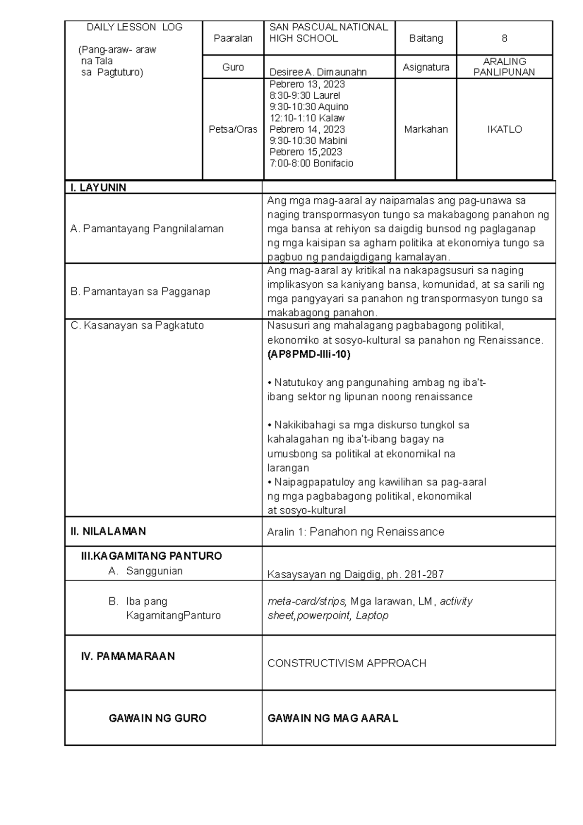 Aralin 3 - lesson plan in rennaissance - DAILY LESSON LOG (Pang-araw ...