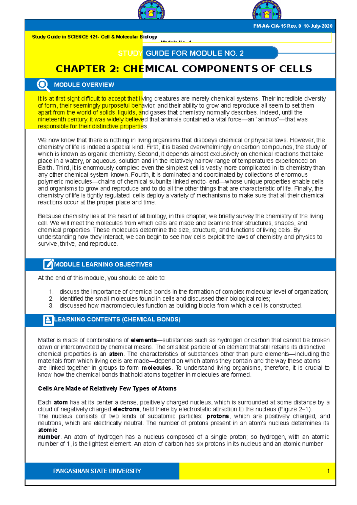 Study Guide 2- SCI 121 - Cell and Molecular Biology - CHAPTER 2 ...