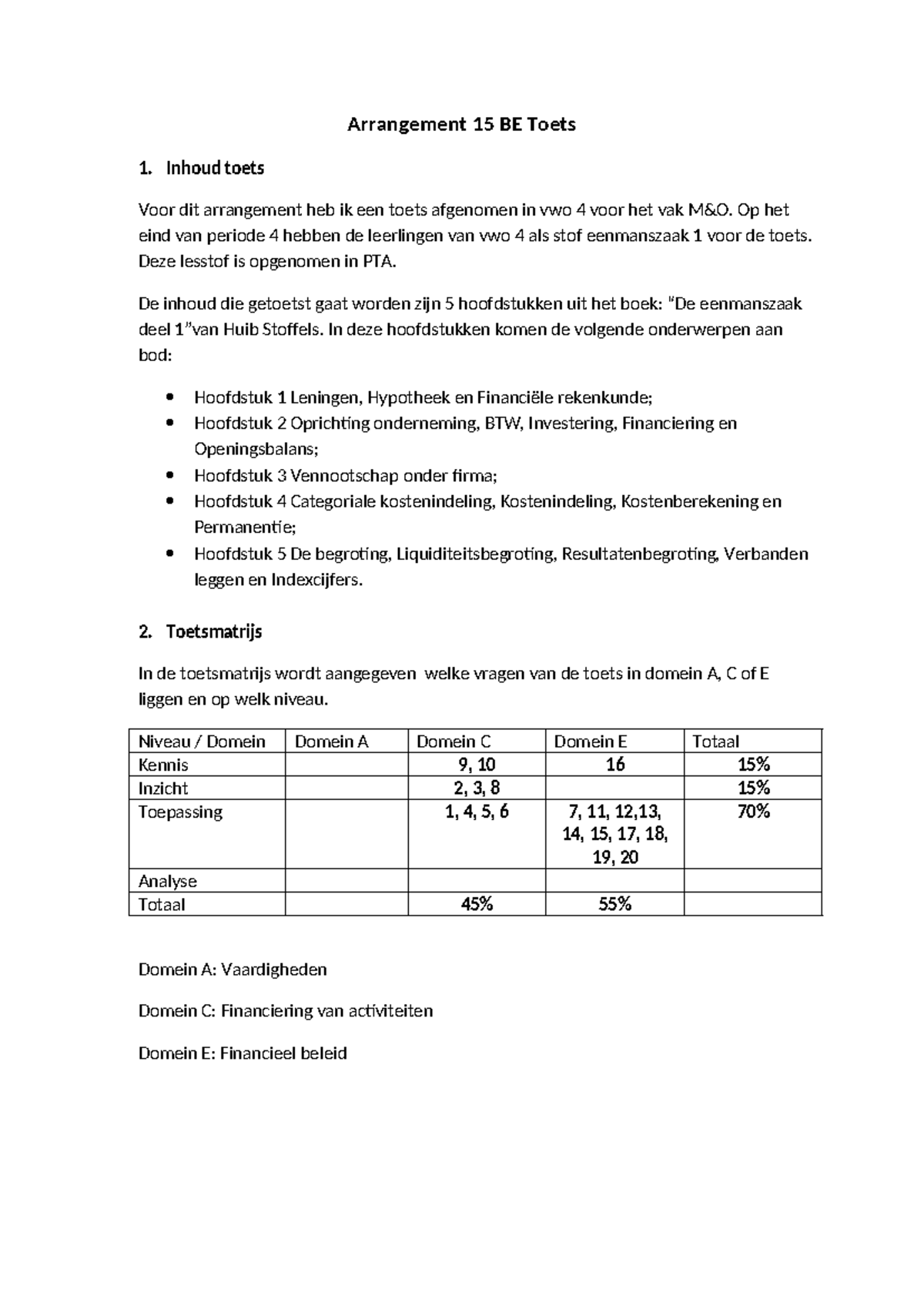 Toets student master - Arrangement 15 BE Toets 1. Inhoud toets Voor dit ...