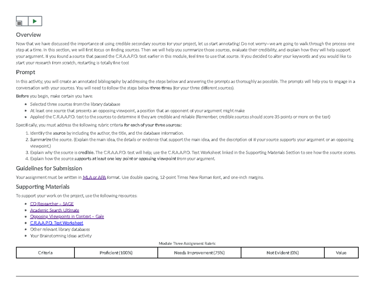 Module Three Assignment Guidelines and Rubric - Overview Now that we ...