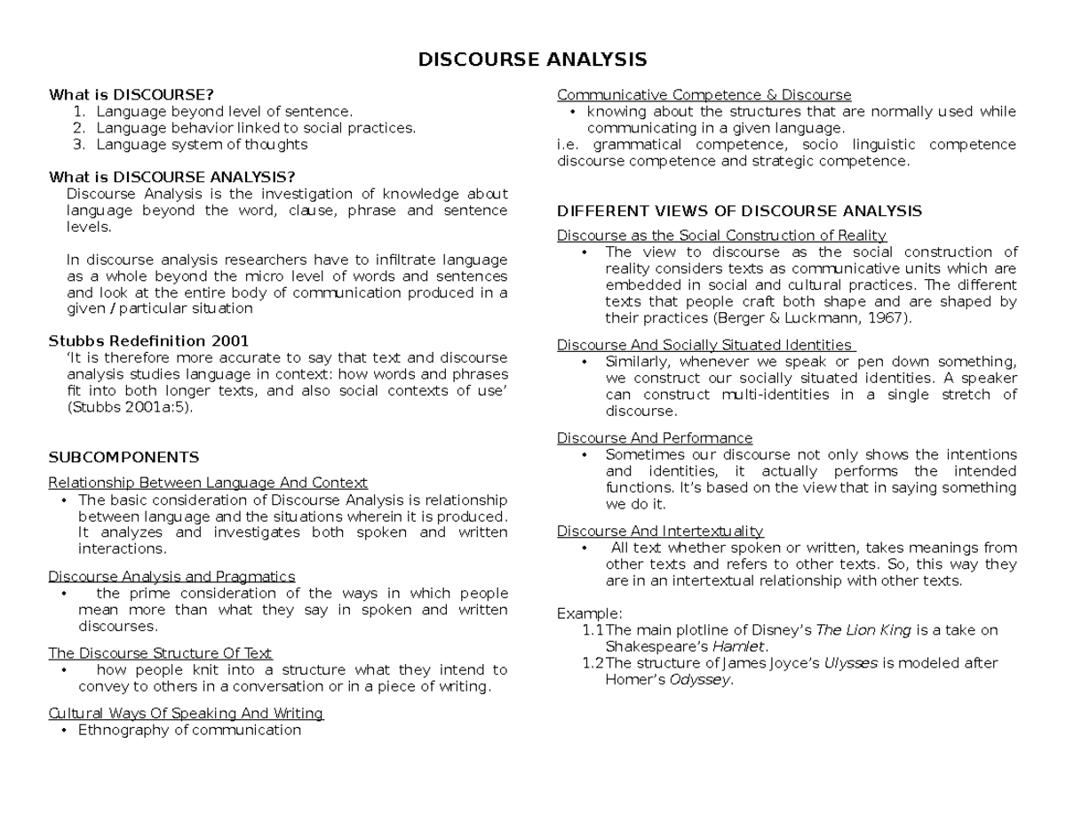 Week 7 Discourse Analysis - DISCOURSE ANALYSIS What is DISCOURSE? 1 ...