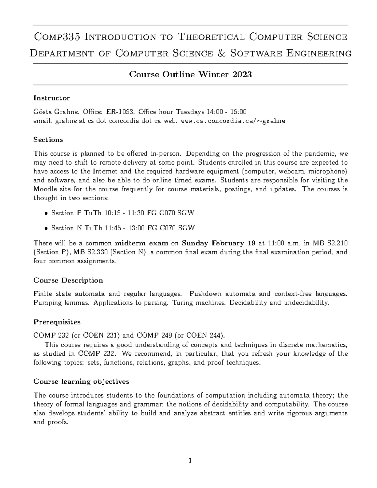 Outline 335 Course Outline Winter 2023 - Comp335 Introduction to ...