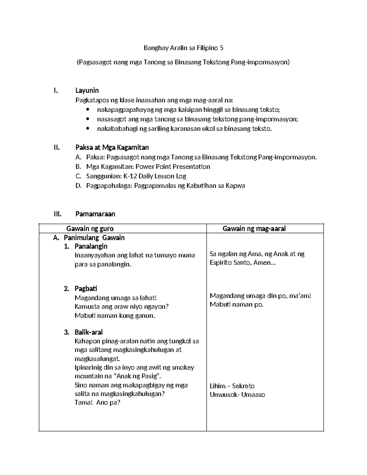 Banghay Aralin sa Filipino 5 - Layunin Pagkatapos ng klase inaasahan ...