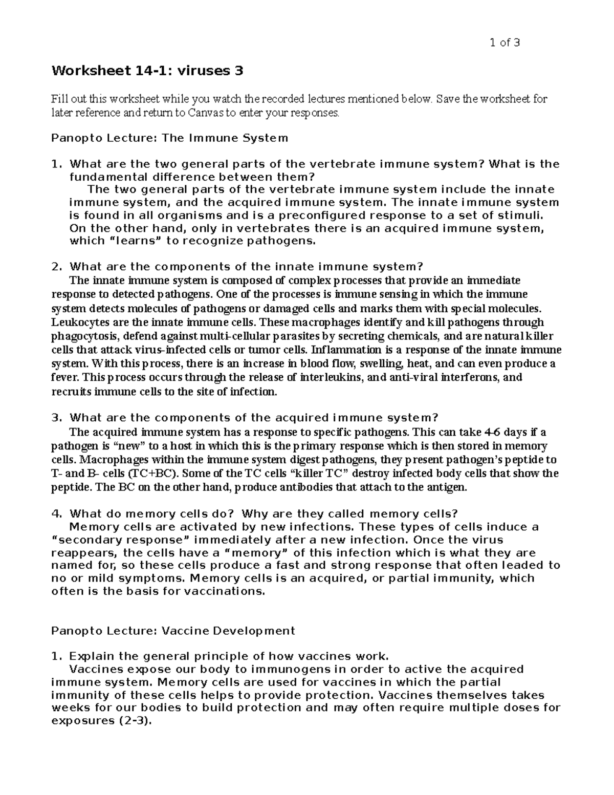 #24 viruses 3-1-1 - Homework 24 Dr. Liscum - 1 of 3 Worksheet 14-1 ...