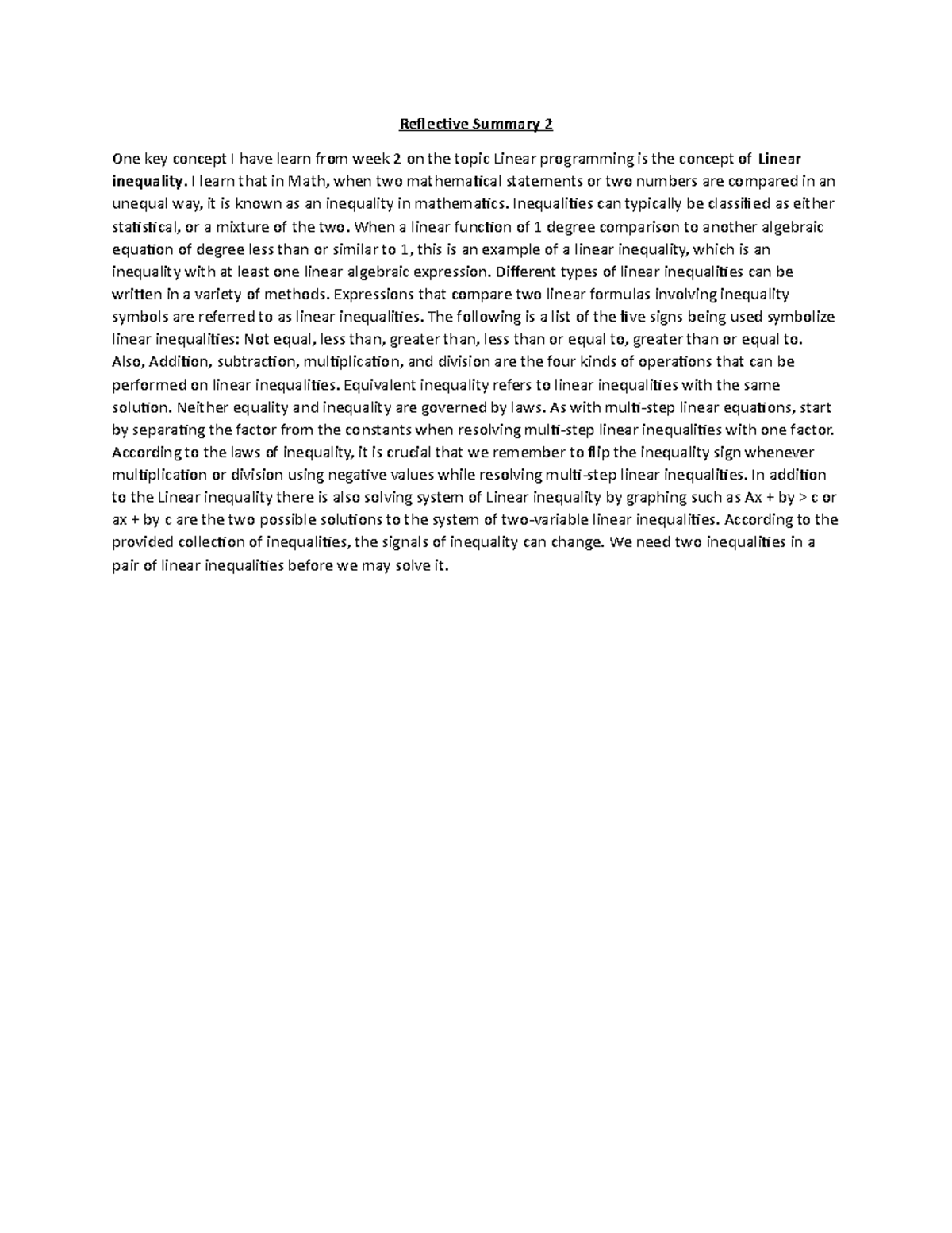 Reflection Summary 2 - Reflective Summary 2 One key concept I have ...