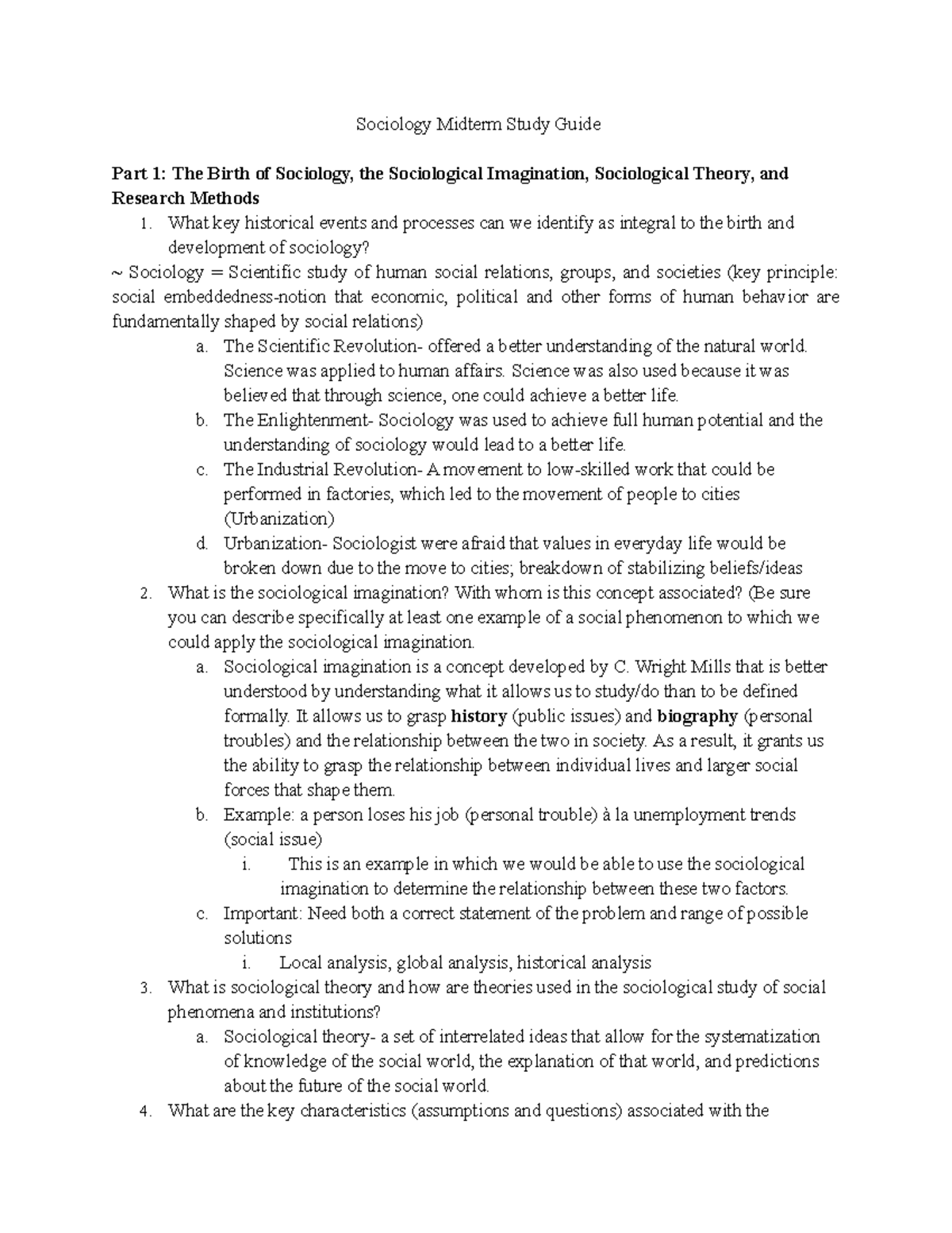 Sociology Midterm - What key historical events and processes can we identify as integral to the ...