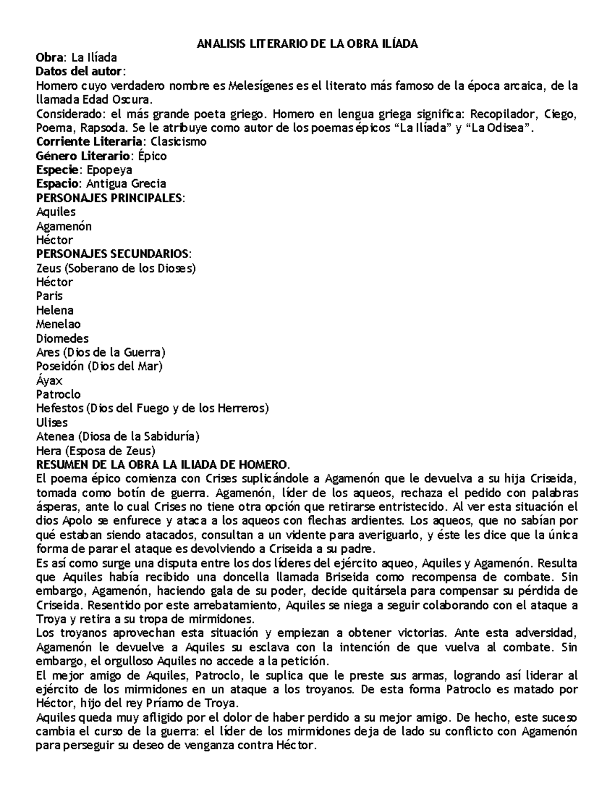 Analisis Literario DE LA OBRA Iliada - ANALISIS LITERARIO DE LA OBRA ...