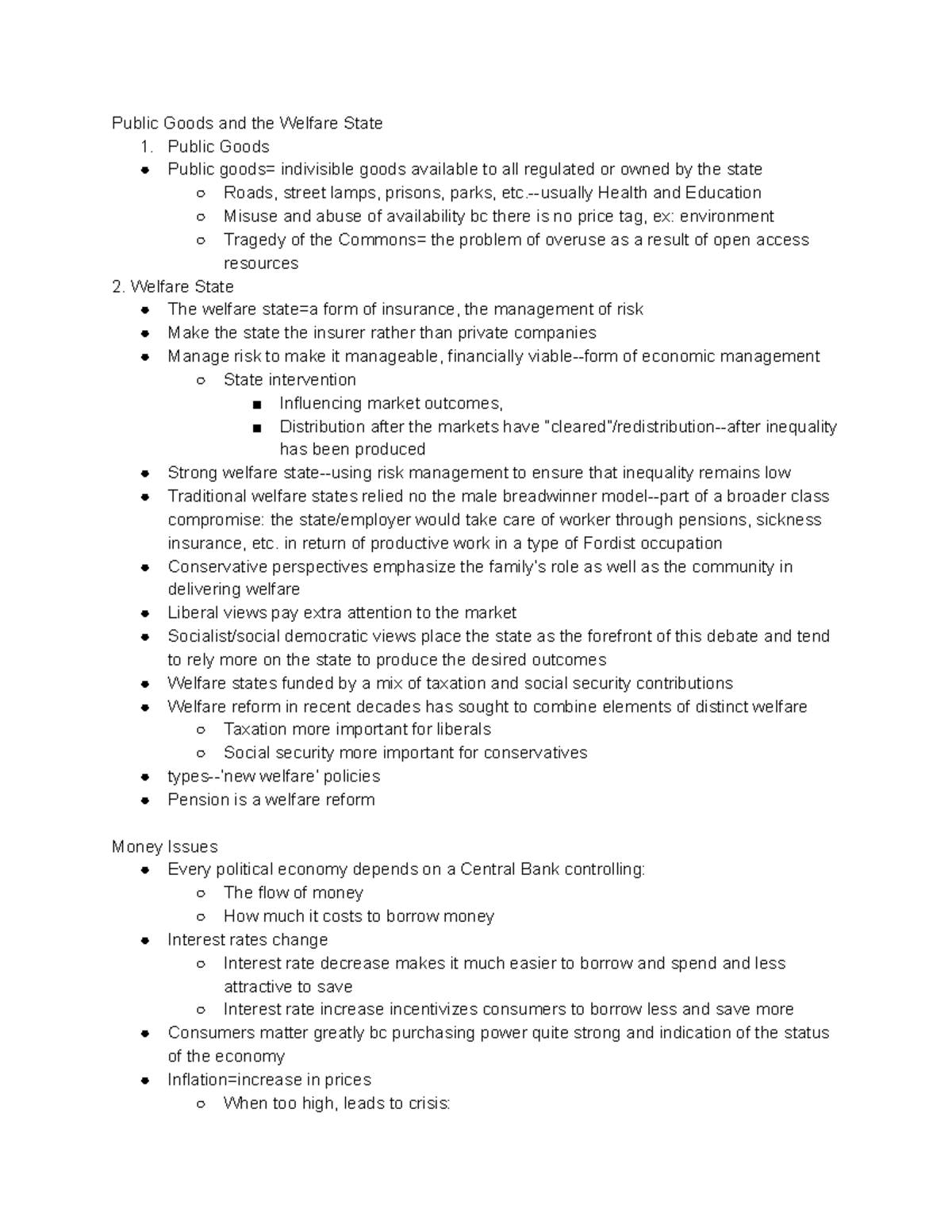PSC 1001 Notes - Public Goods and the Welfare State 1. Public Goods ...