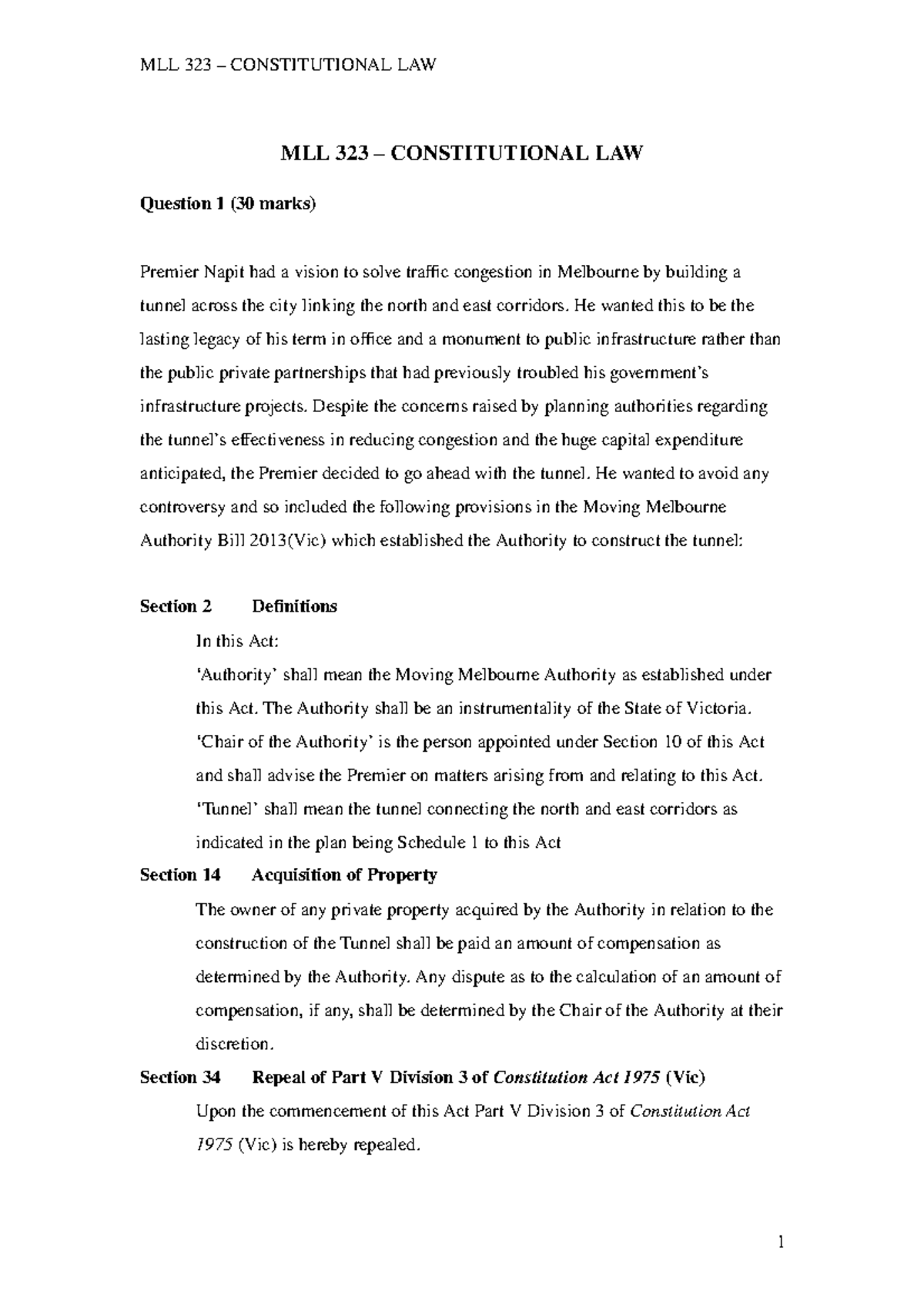 Exam 2013, questions - MLL 323 CONSTITUTIONAL LAW MLL 323 ...