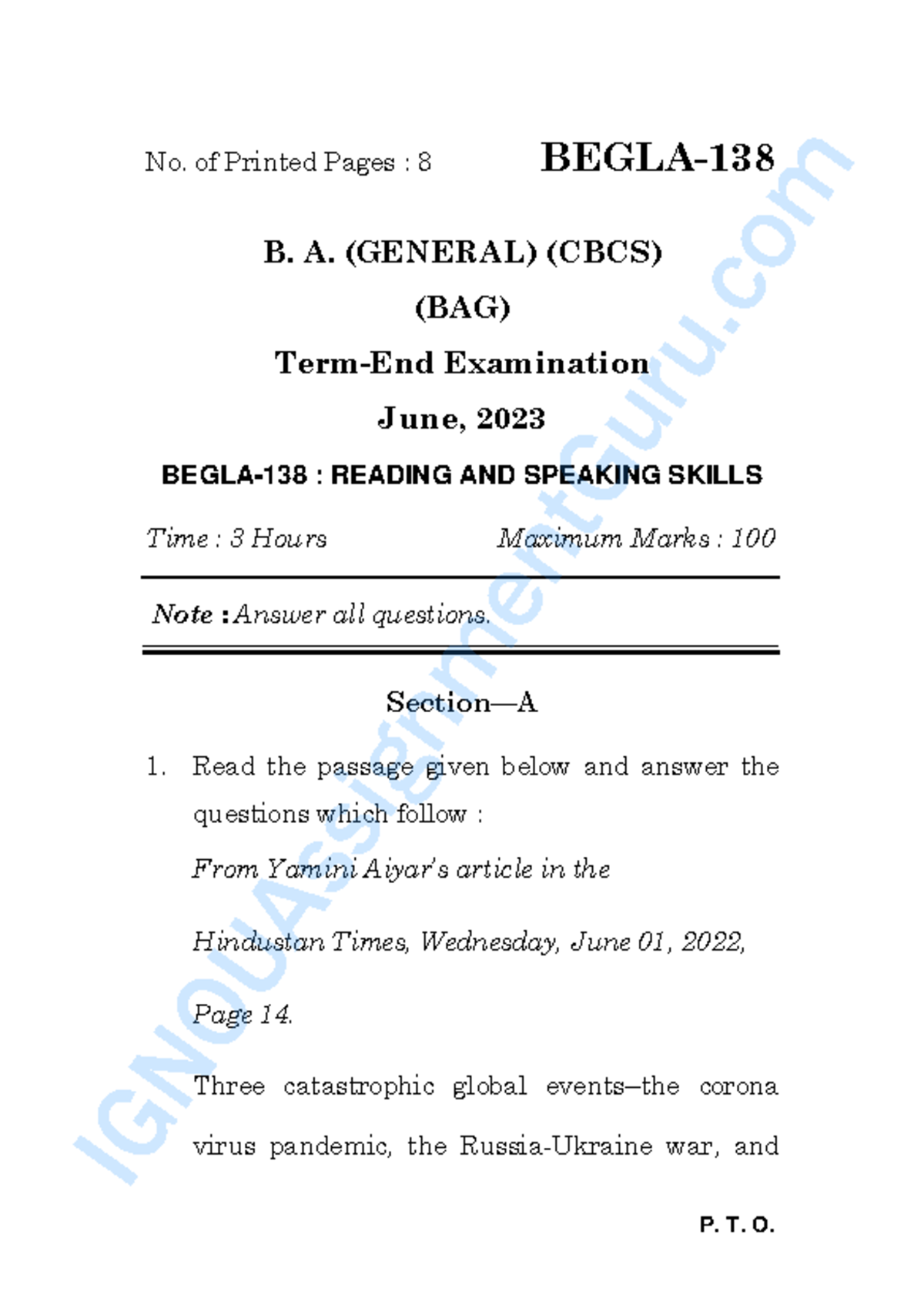 27. June 2023 Begla-138 Ignouassignment Guru - P. T. O. No. of Printed ...
